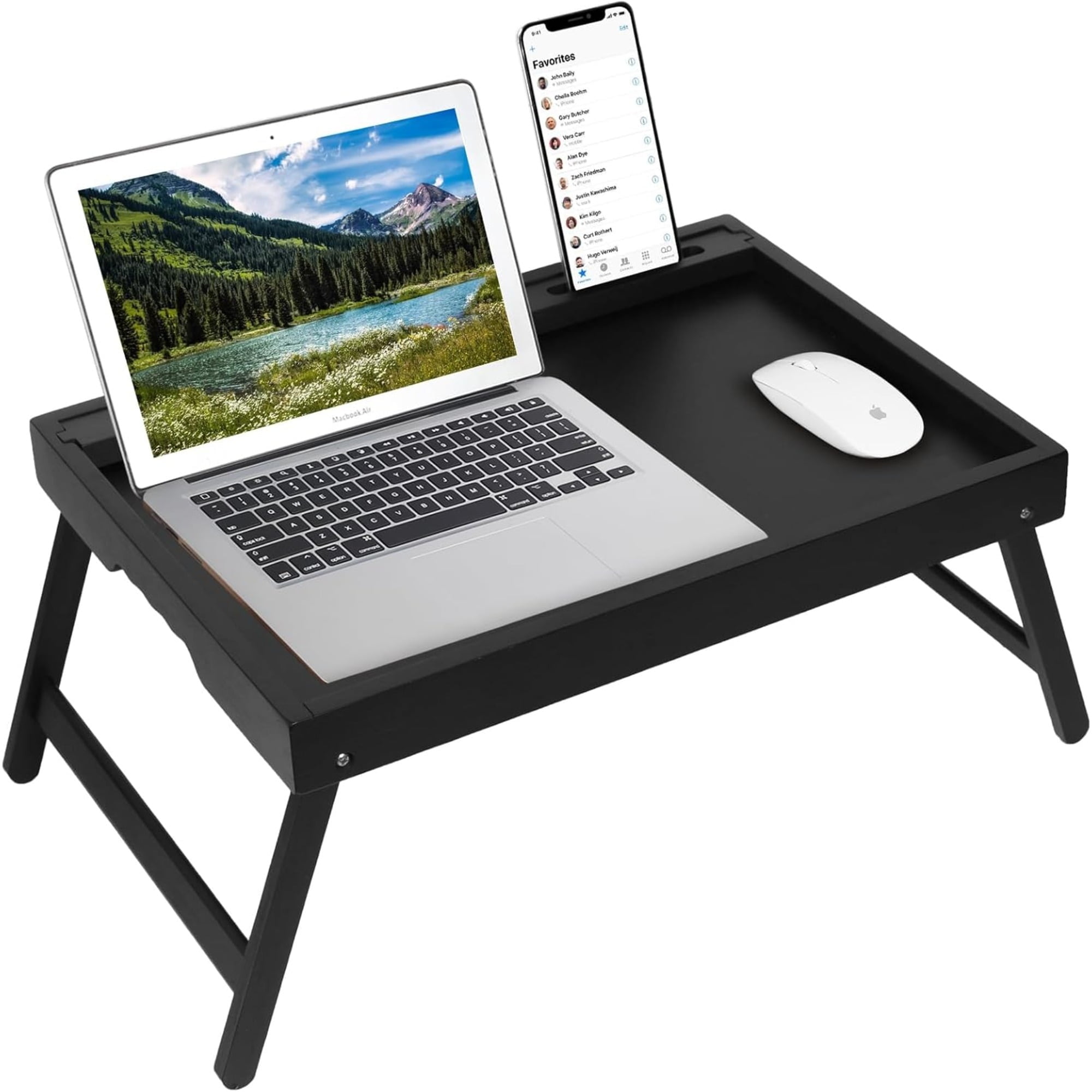 Bed Tray Table with Folding Legs, Bamboo Breakfast Food Tray with Media ...