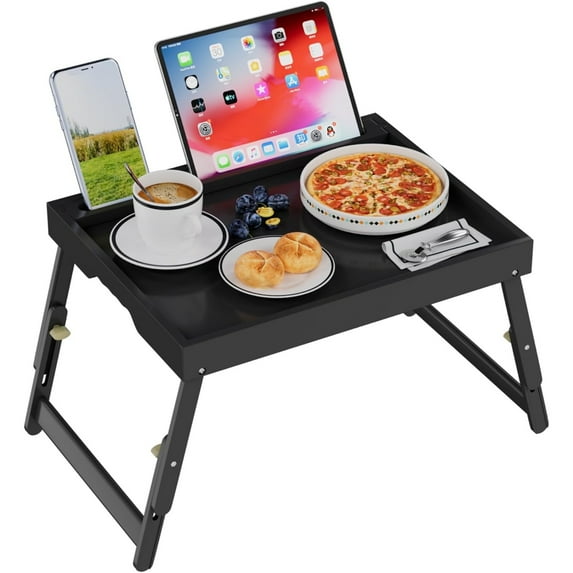 Bed Tray Table with Folding Legs, Bamboo Breakfast Food Tray with Media ...