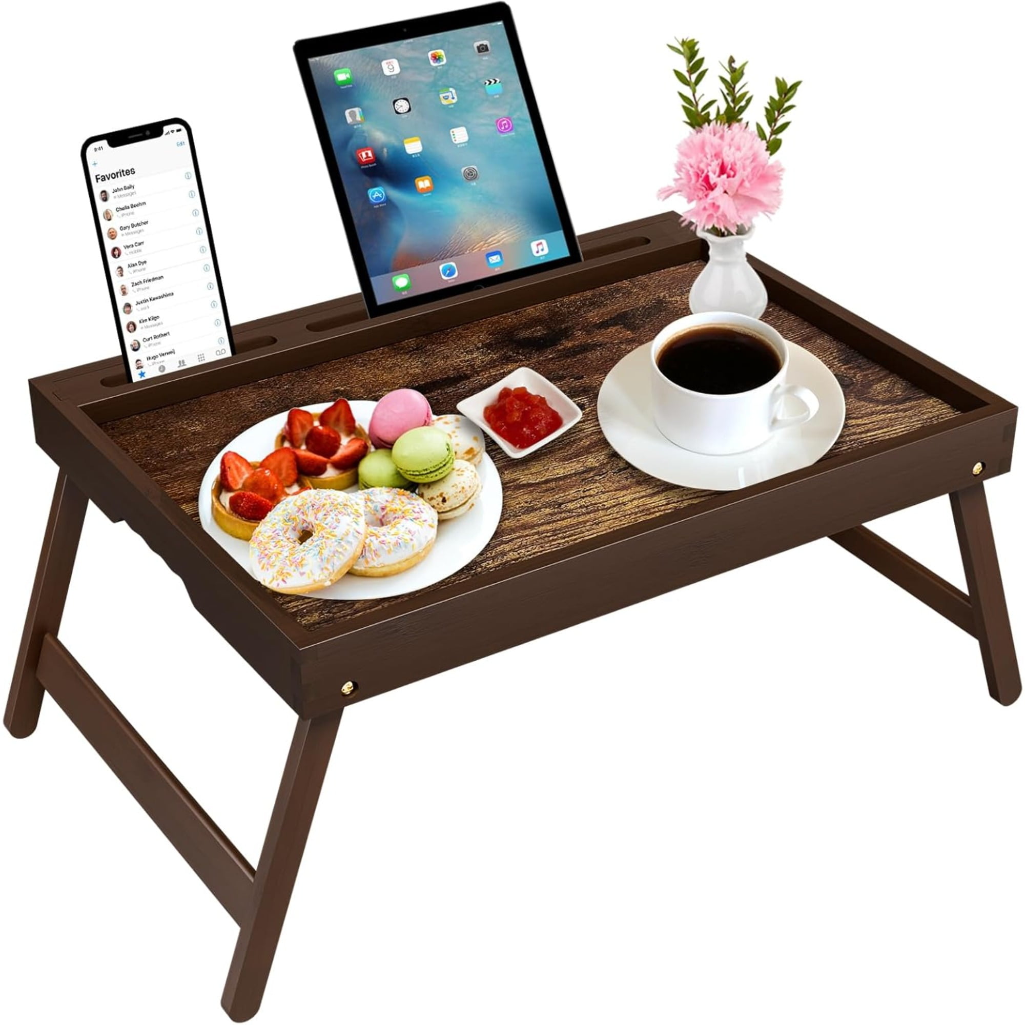 Bed Tray Table with Folding Legs, Bamboo Breakfast Food Tray with Media ...