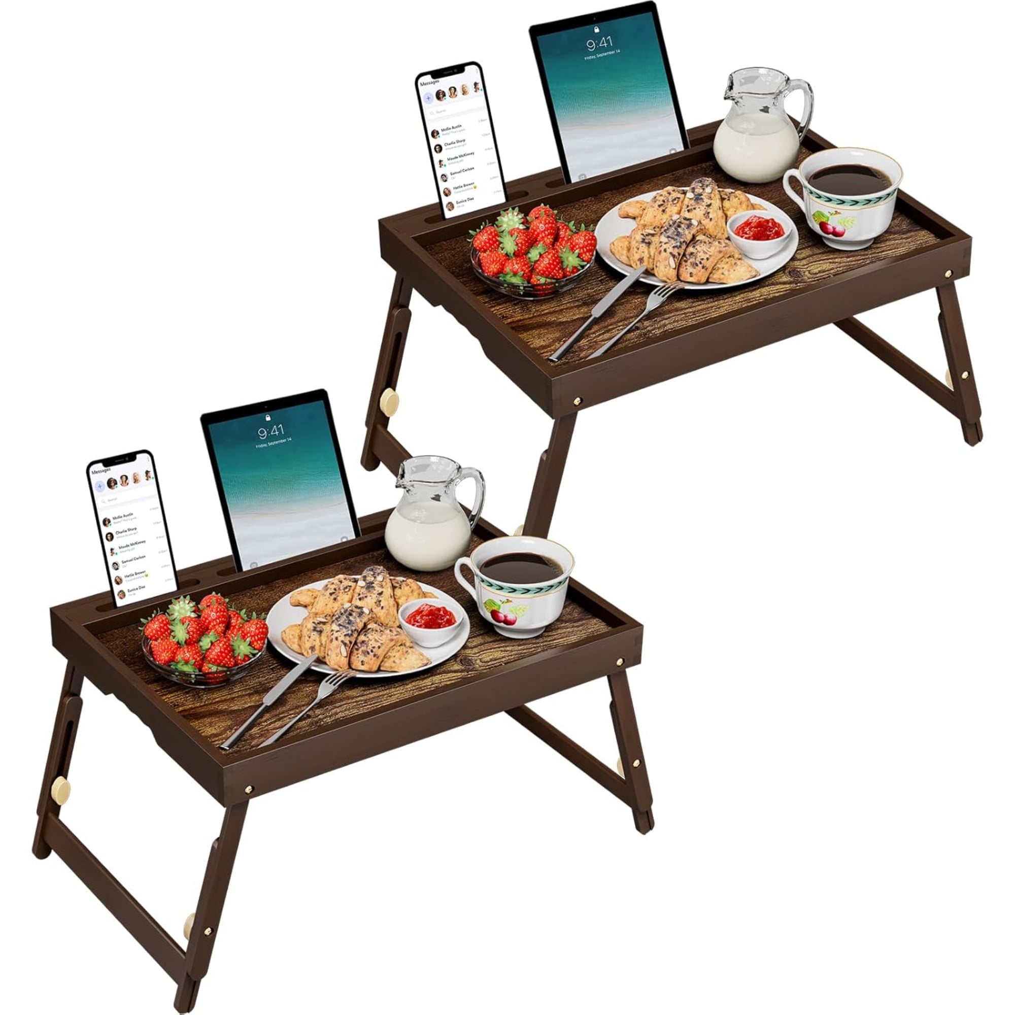Bed Tray Table with Folding Legs, Bamboo Breakfast Food Tray with Media ...