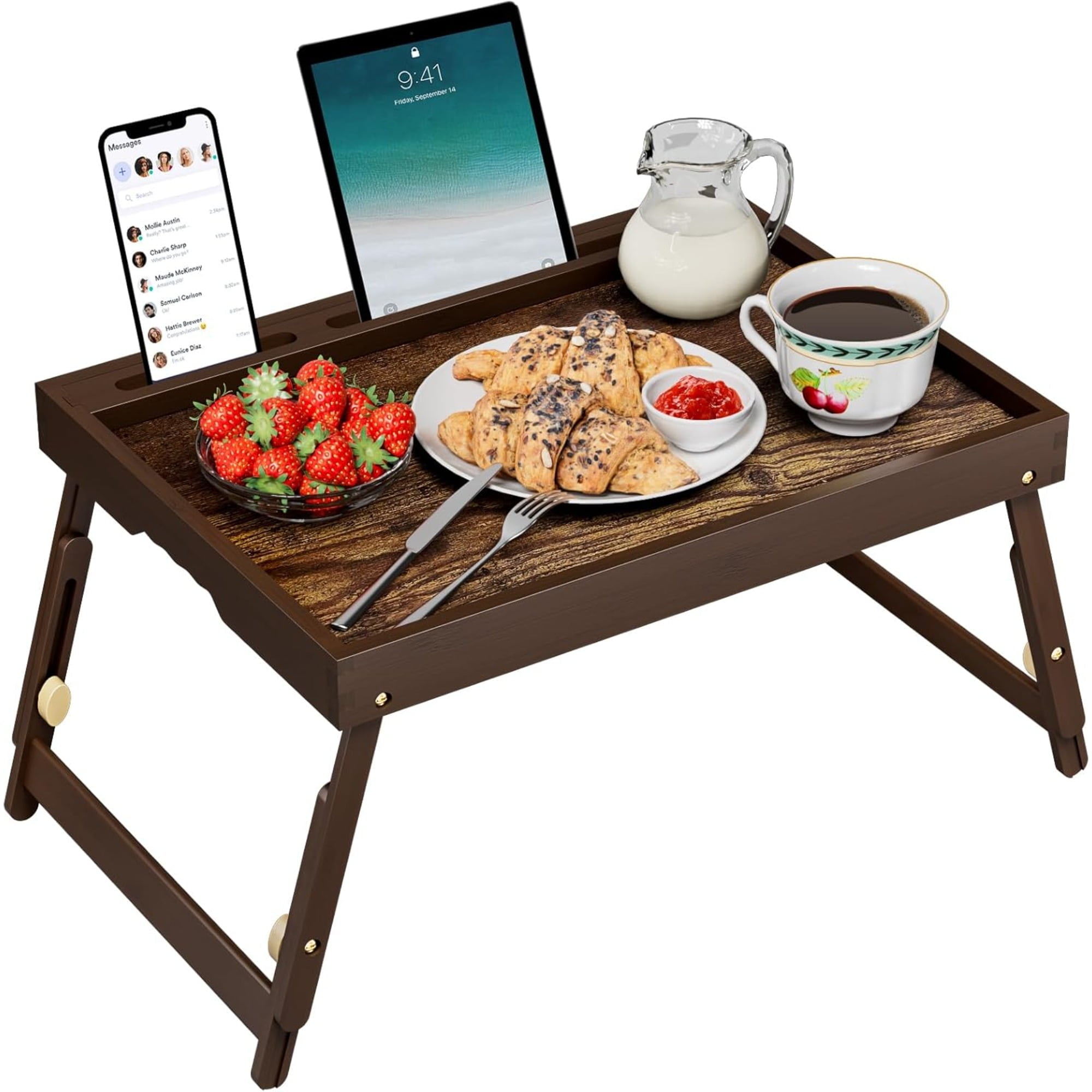 Bed Tray Table with Folding Legs, Bamboo Breakfast Food Tray with Media ...