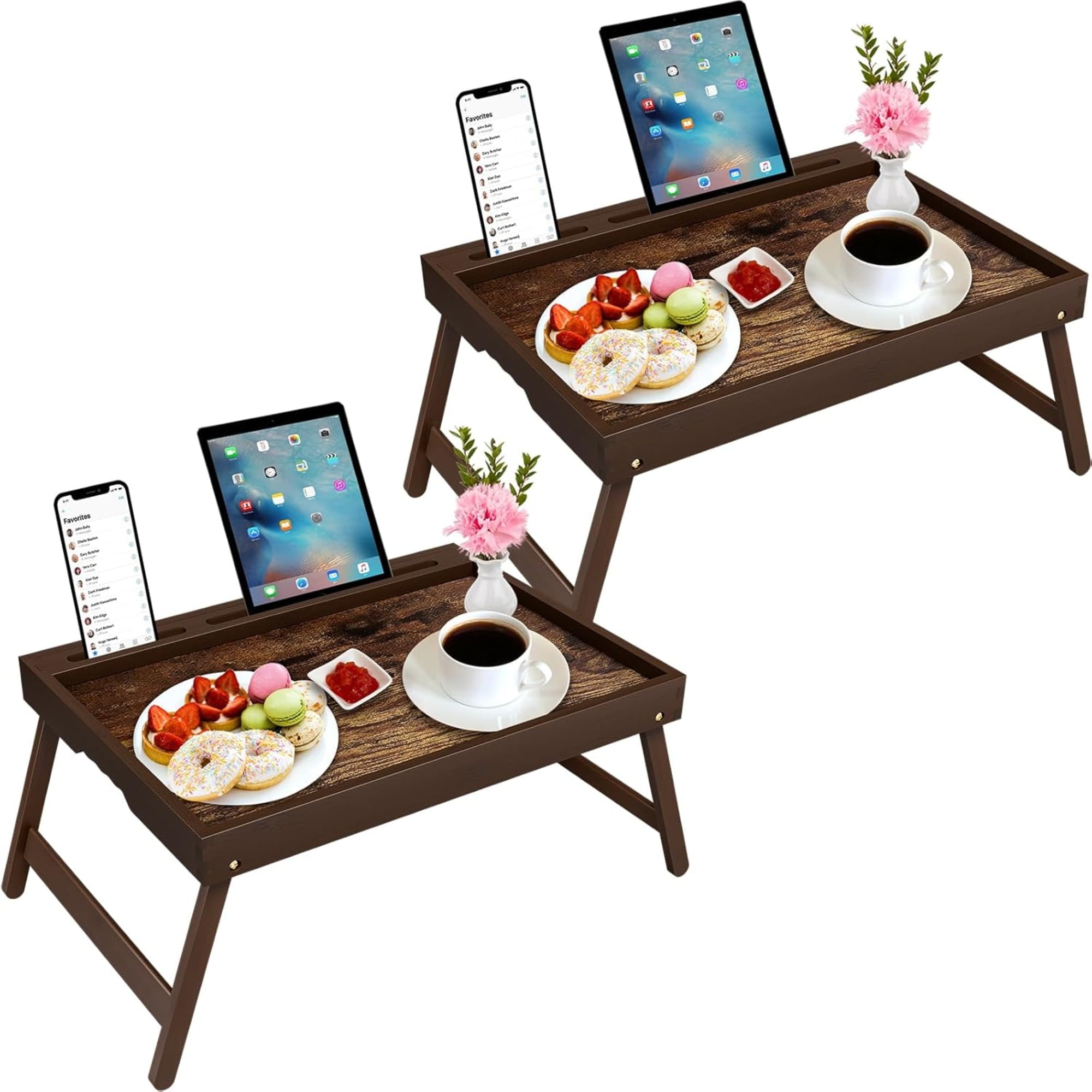 Bed Tray Table with Folding Legs, Bamboo Breakfast Food Tray with Media ...