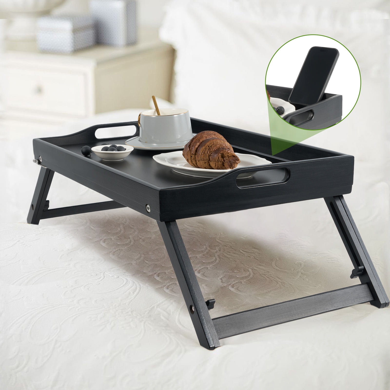 Bed Tray Table with Handle Folding Legs, Bamboo Breakfast Food Tray with Media Slot for Sofa ...