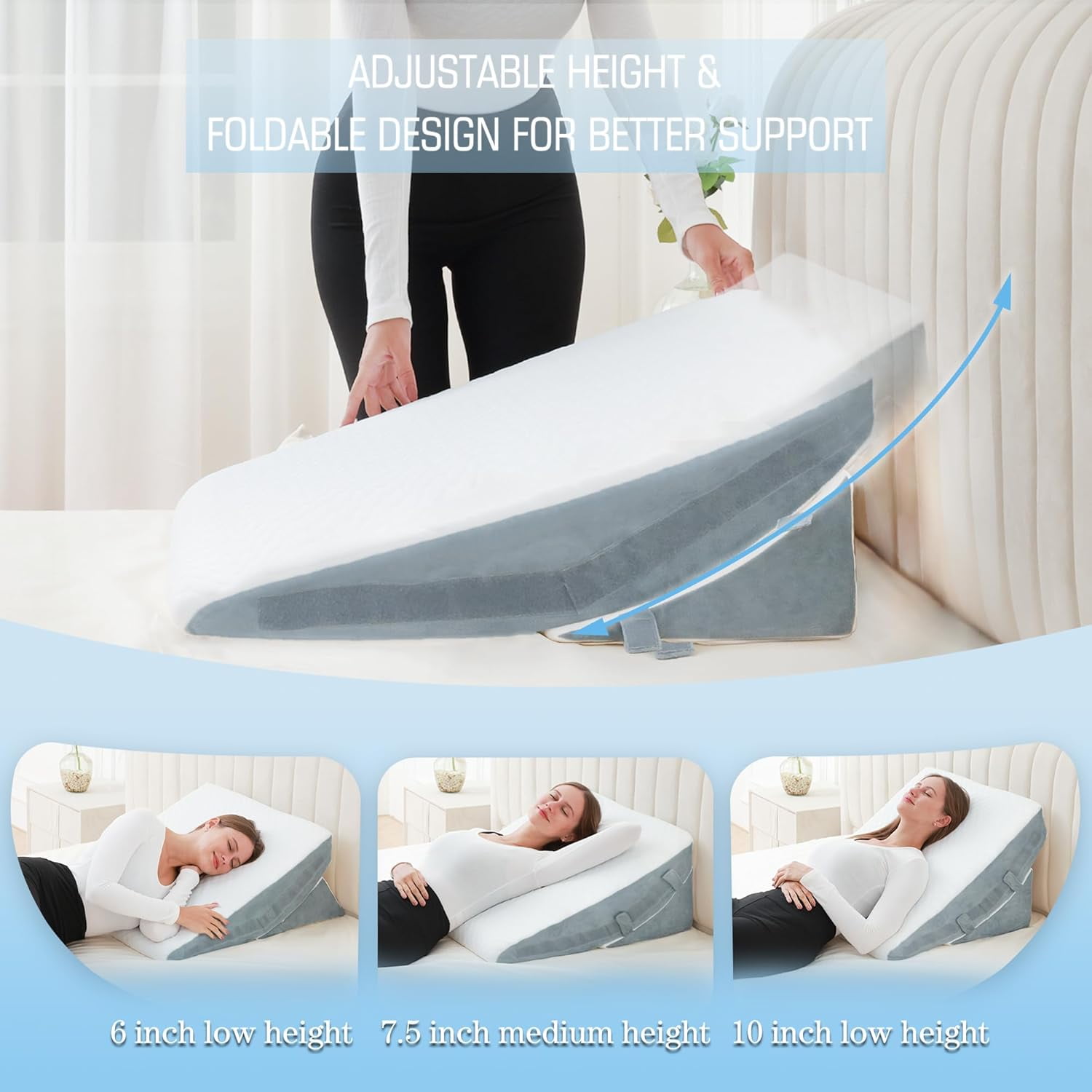 Bed Wedge Pillow for Sleeping, 7.5 Inch Adjustable Memory Foam Triangle ...