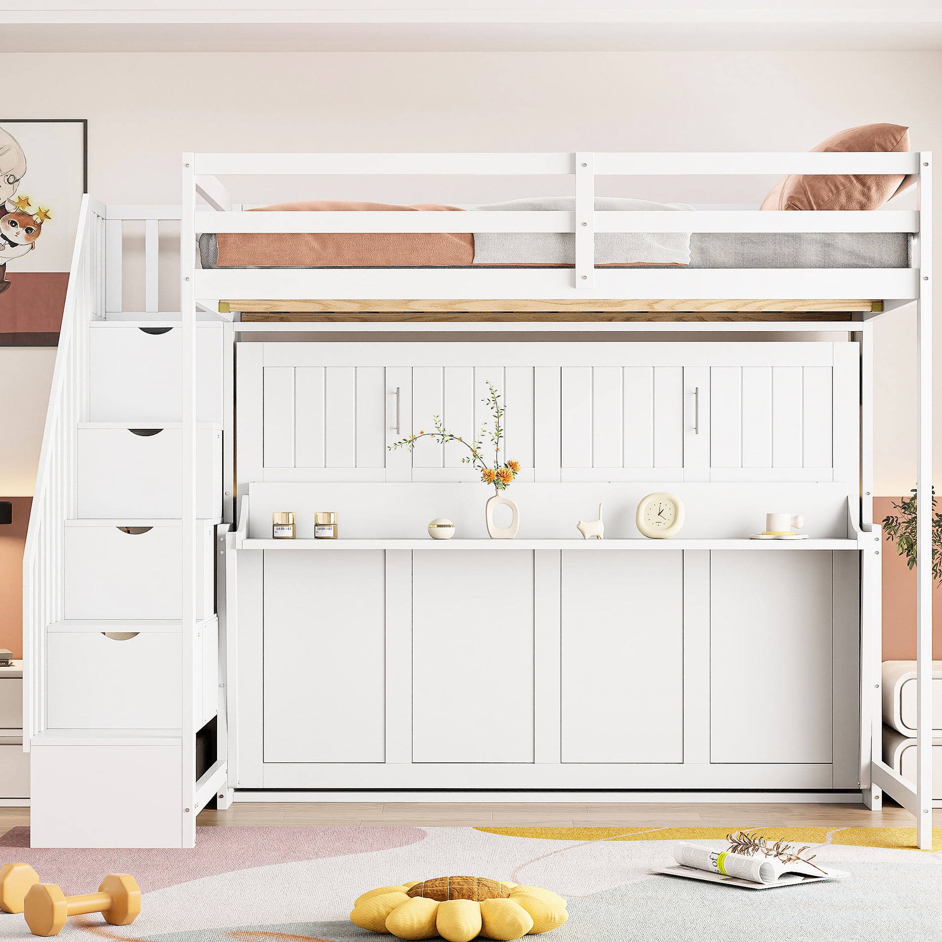 Bed With Desk & Hydraulic Folding Advantage, White - Space Bunk And Loft Storage Concept ...