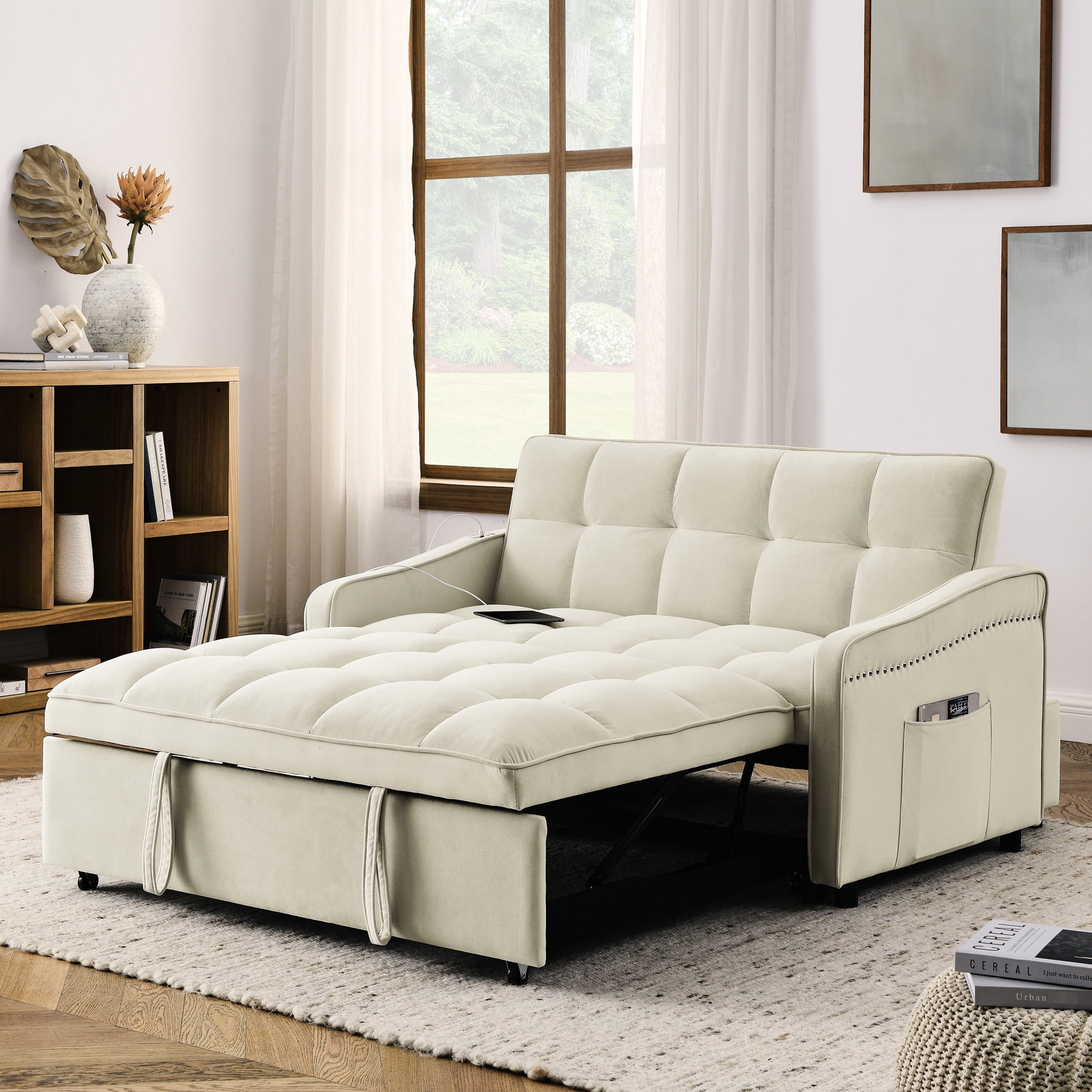 Bed With Pull-out Function, Adjustable Back, Beige Velvet Upholstery ...