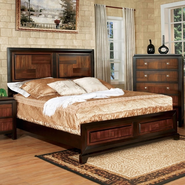 Queen Size Acacia / Walnut Solidwood Bed, Parquet Design Headboard ...