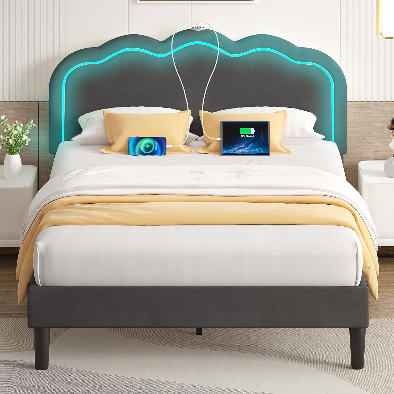 Bed frame, adjustable headboard, LED lights, USB-A and Type-C, velvet ...