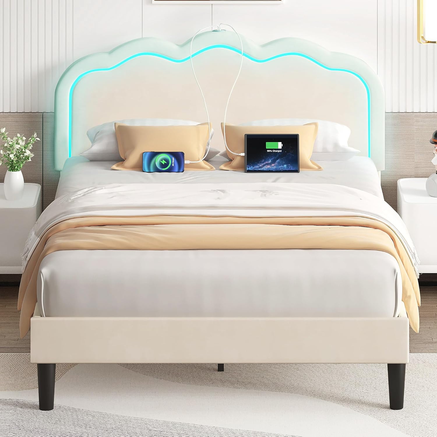 Bed frame, adjustable headboard, LED lights, USB-A and Type-C, velvet ...