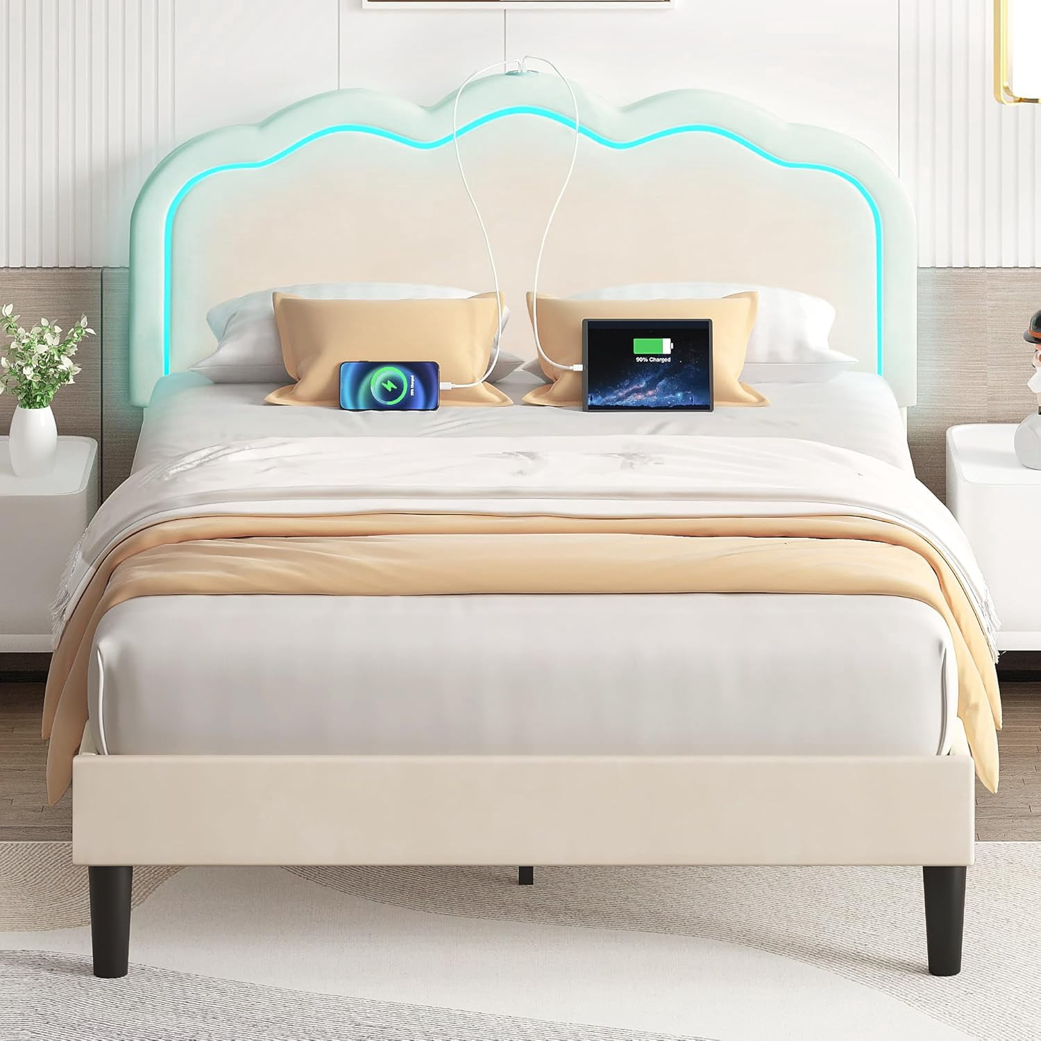 Bed frame, queen-size fabric bed with adjustable headboard, LED lights ...