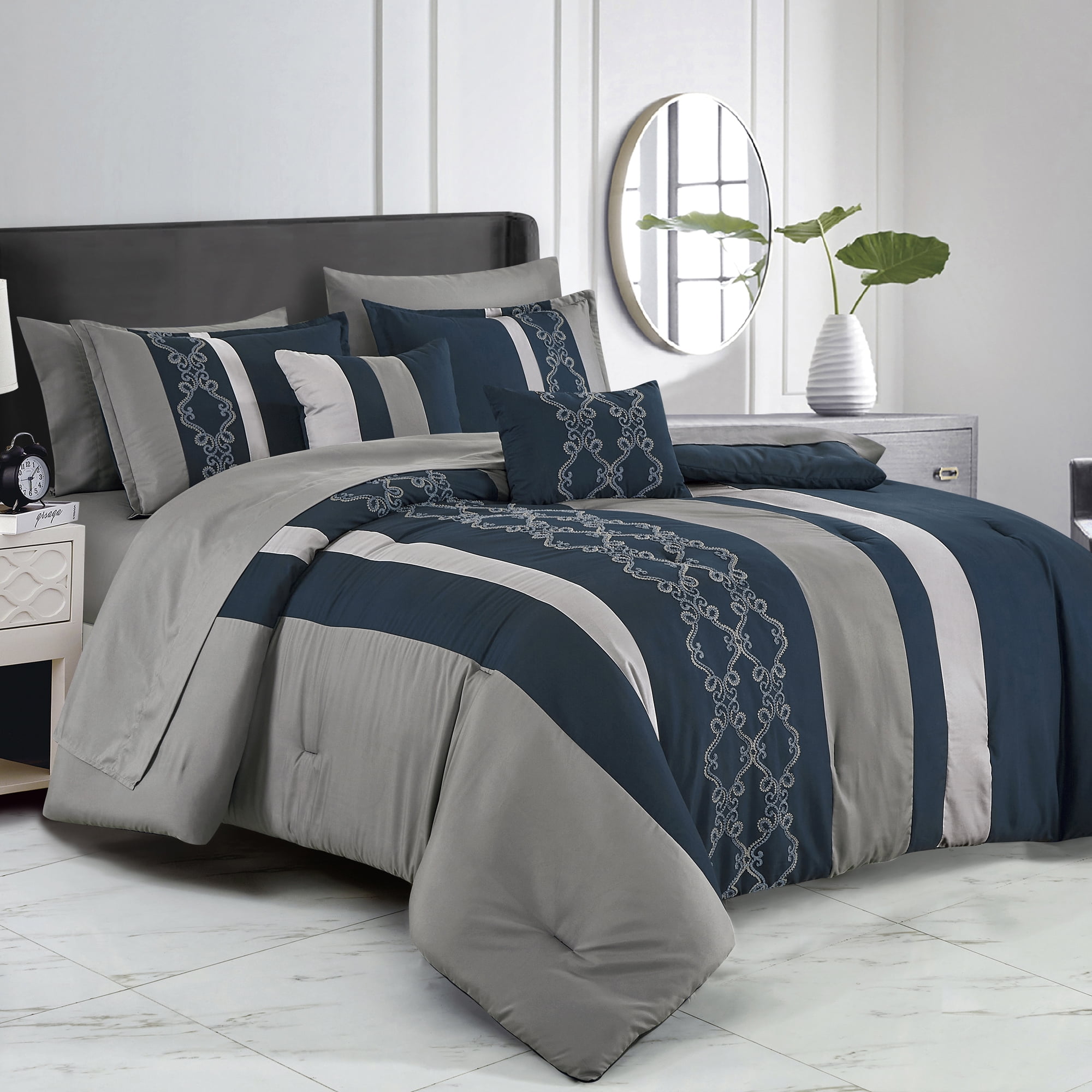 9-pieces Qadesh Navy and Grey Comforter and Sheet Set, Bed in Navy ...