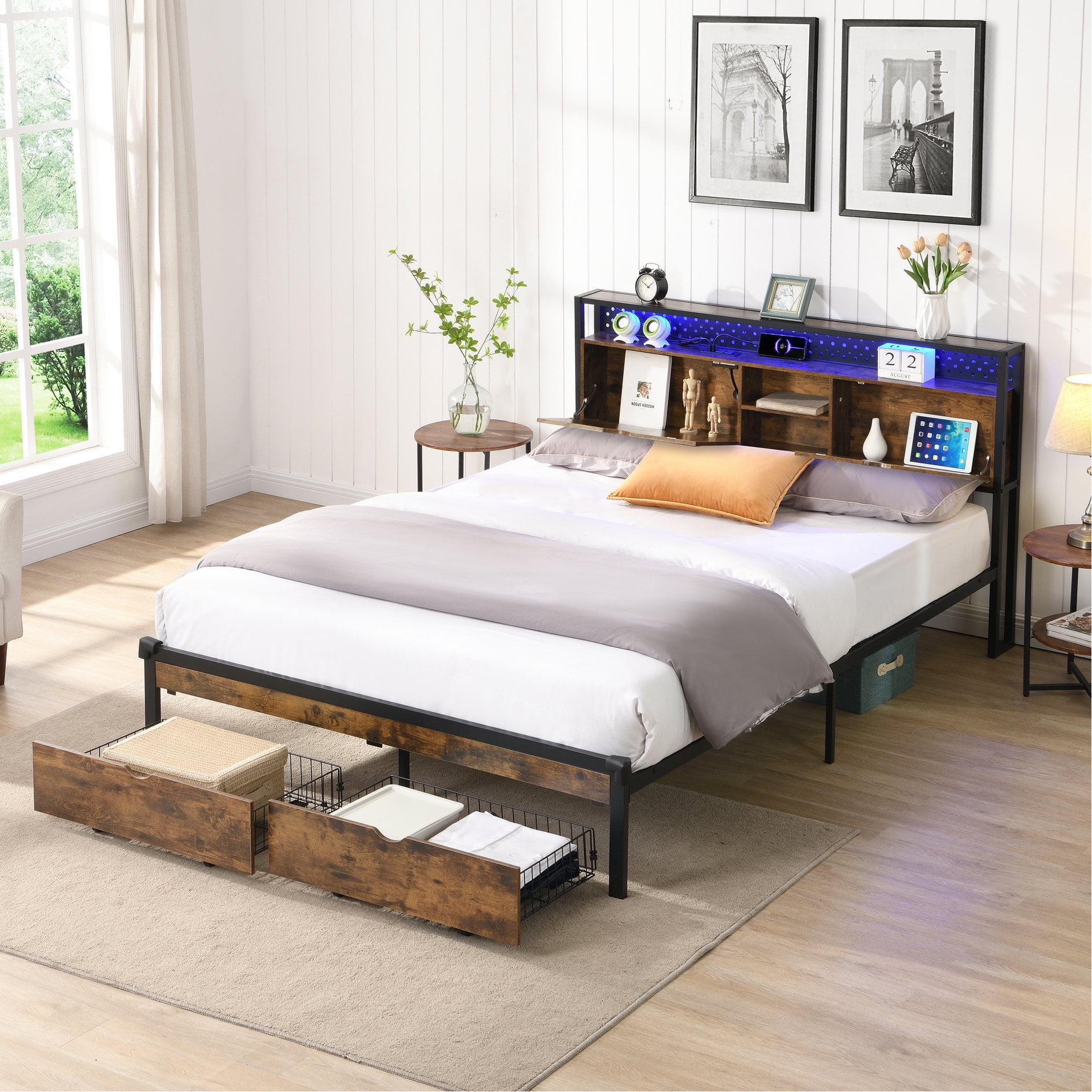Bed with Headboard | Storage Compartments, Power Outlets | Bedroom ...