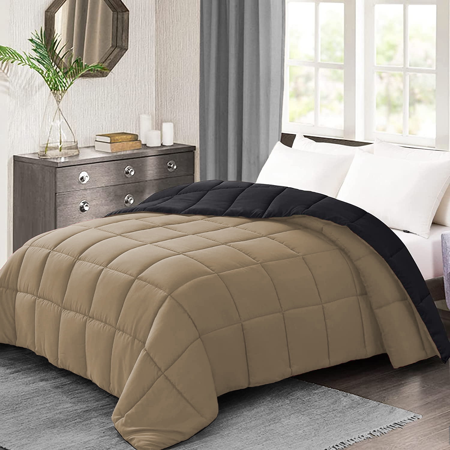 BedDecor 300 GSM 1Pcs Reversible Solid (Taupe-Black, Twin/Twin Xl) 100% ...