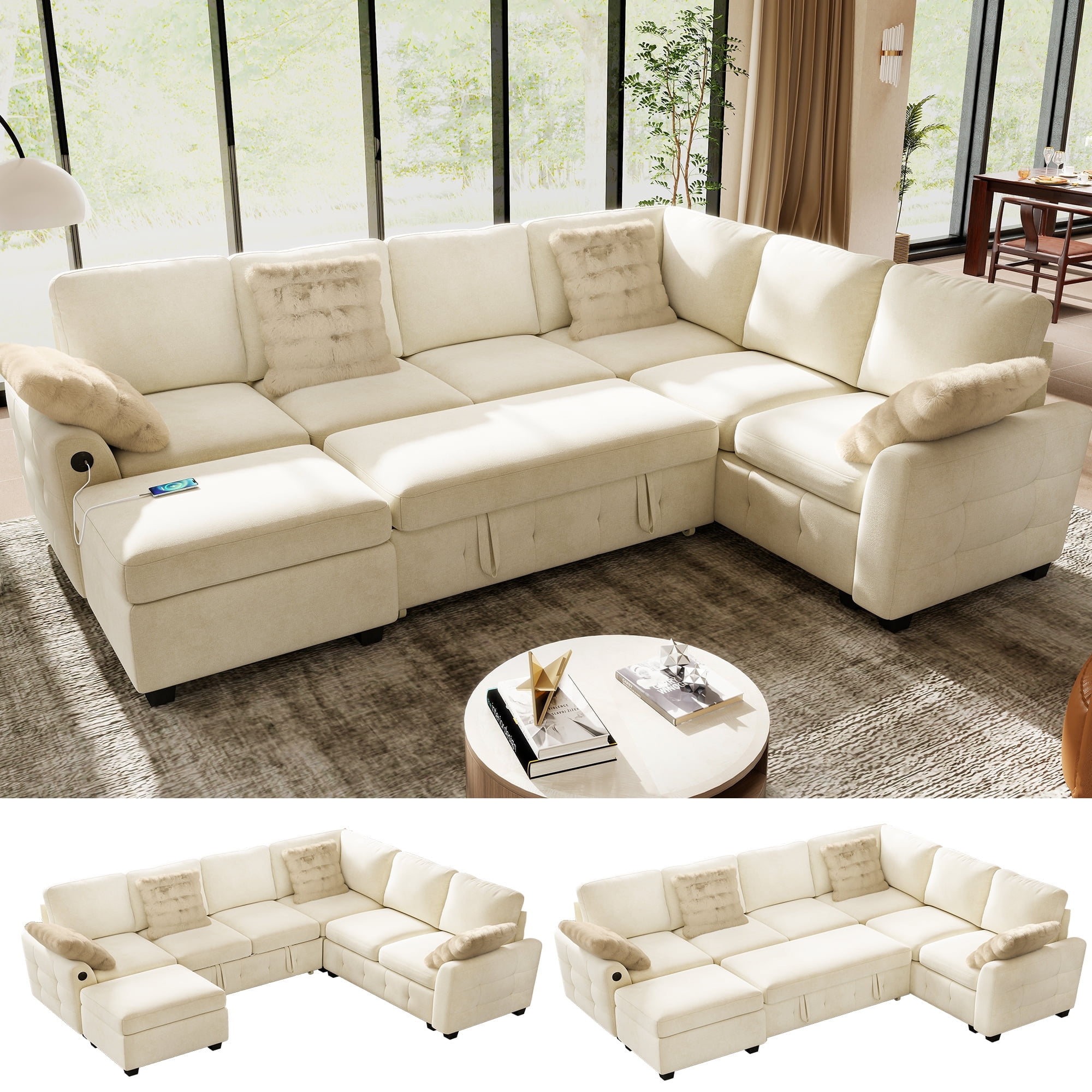 BedLuxury 106" Modular Sectional Sofa Bed with Pull Out Bed, Large ...