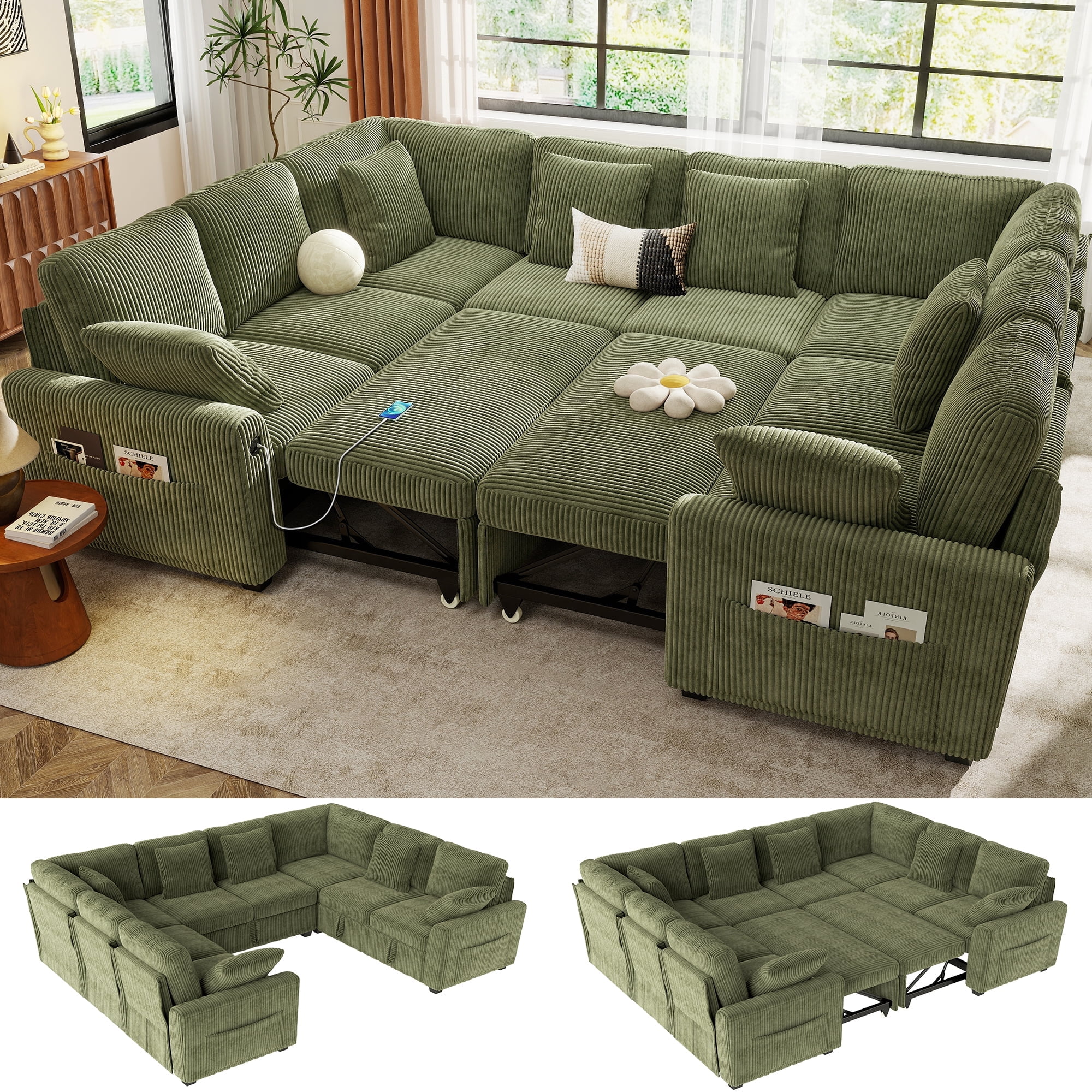 BedLuxury 110" Sectional Sleeper Sofa with Pull Out Bed, Storage Seat ...