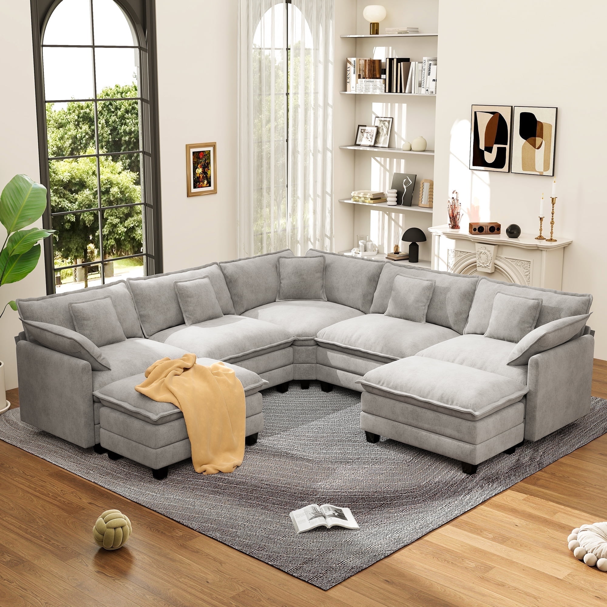 BedLuxury 111.5” Modular Sectional Sofa with Movable Ottoman, Modern ...