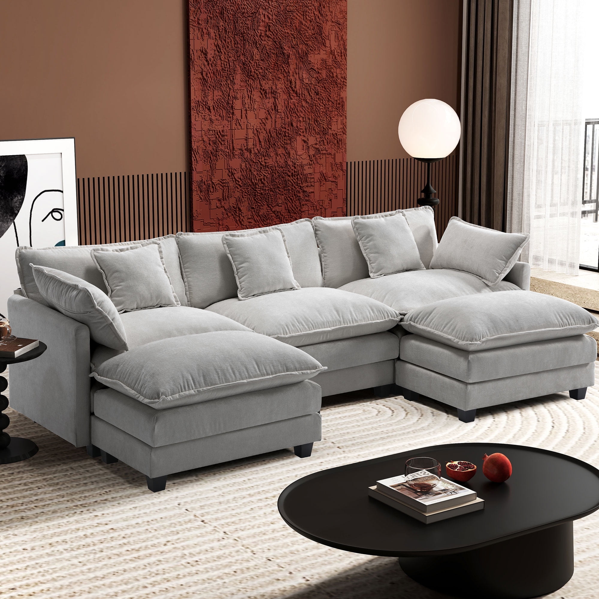 BedLuxury 111.5'' Modular Sectional Sofa with Movable Ottomans, U ...