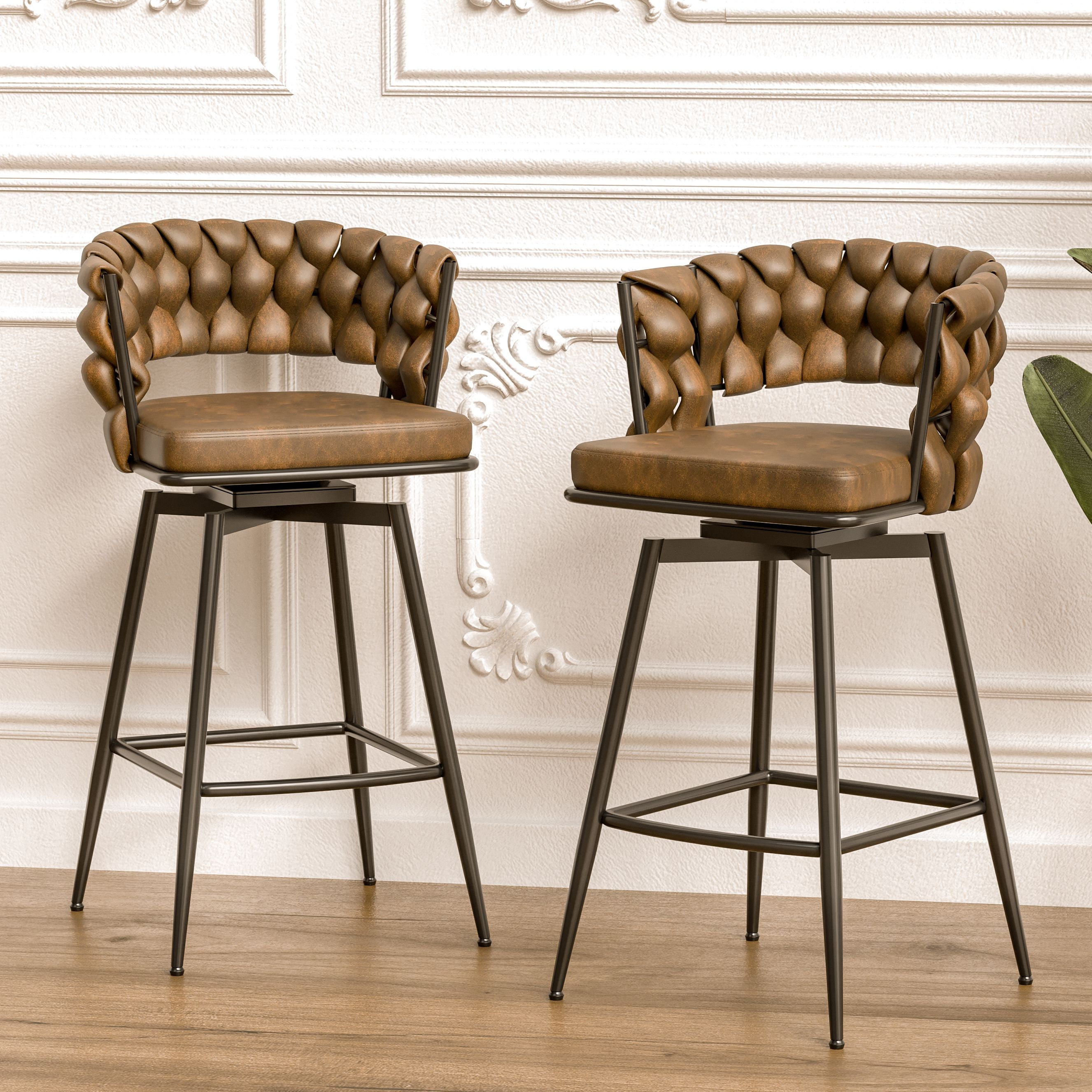 BedLuxury Modern 360° Swivel Bar Stools Chairs Set of 2, Woven ...