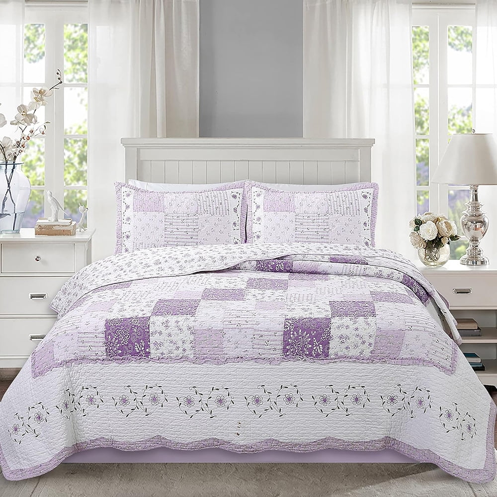 Bedding Quilt Set, Light Purple Orchid Lavender Floral Real Patchwork Cotton Reversible Coverlet ...