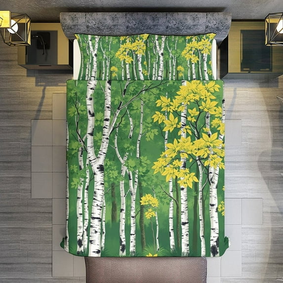 Bedding Set Birch Trees Yellow Flowers Duvet Cover Pillowcase Bedroom ...