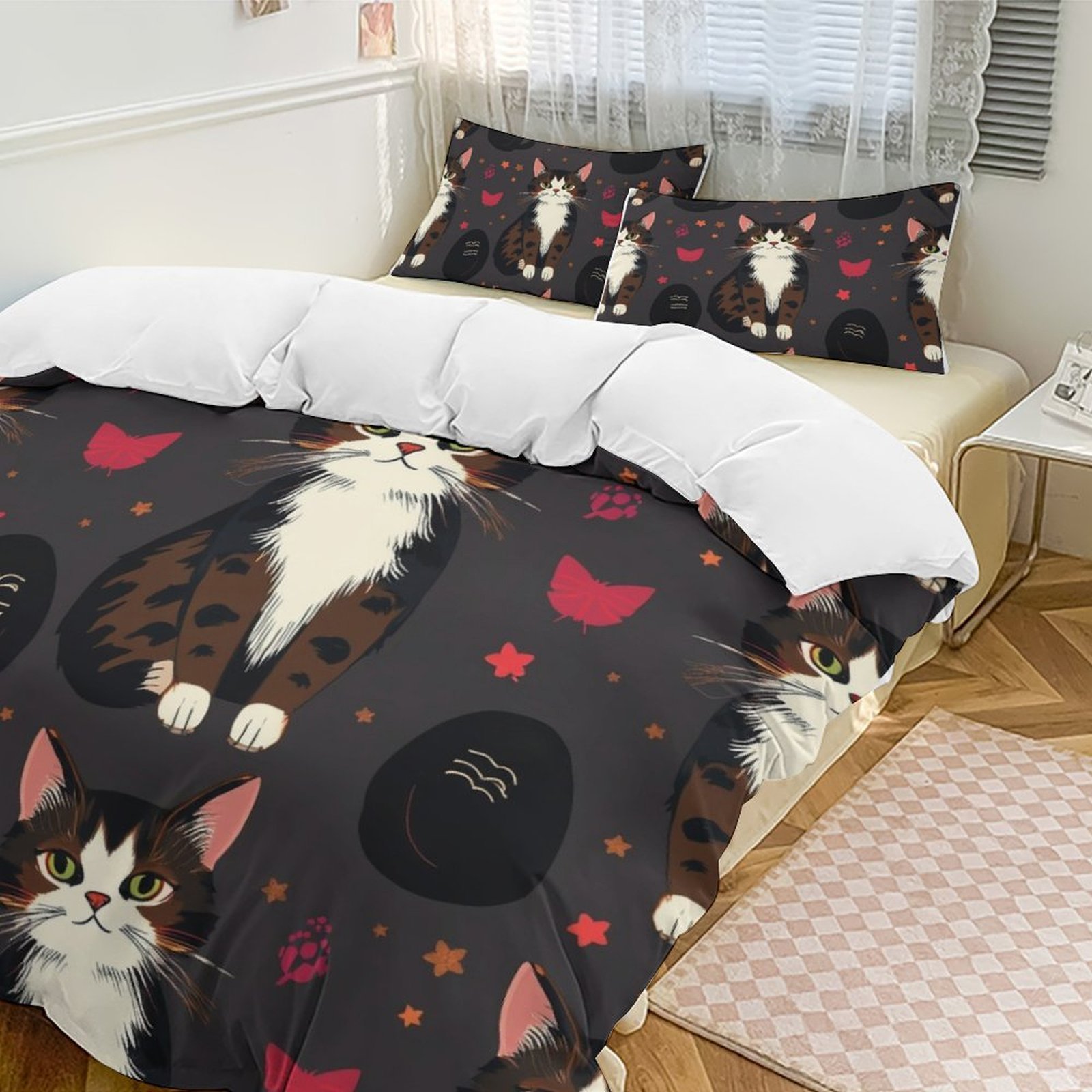 Bedding Set Cute Cat Pattern Design Bat Duvet Cover Set Comforter Cover ...