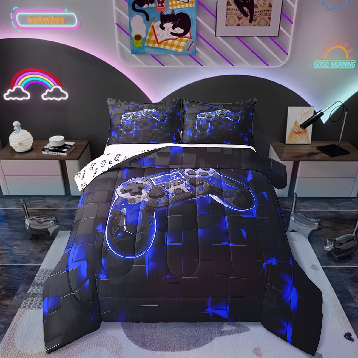 Bedding Set Game Console Comforter Set Teen Black Blue Cool Gamepad Gaming Bed Comforter 3D Cool ...