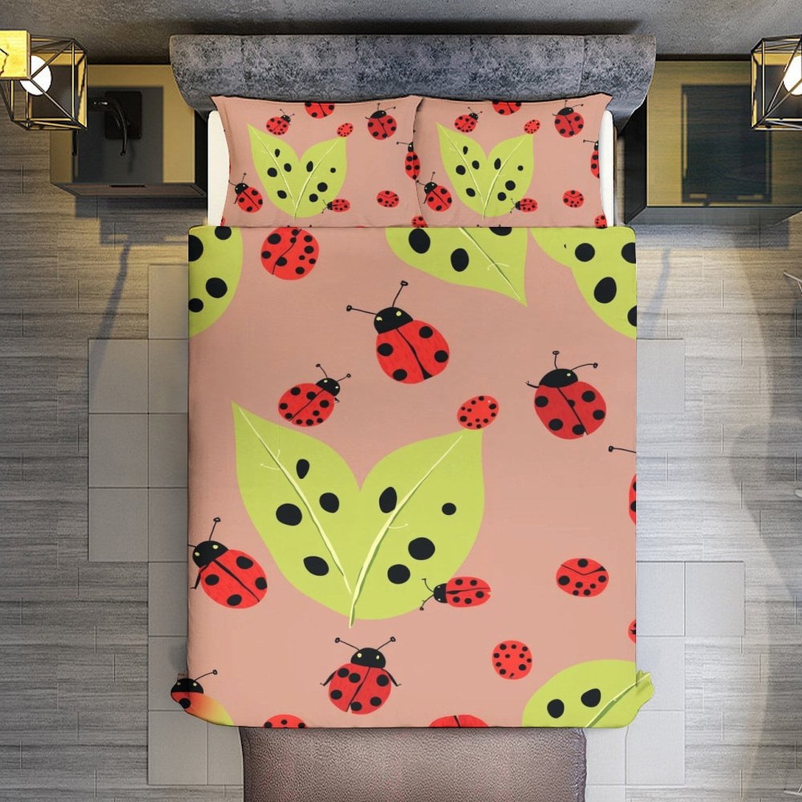 Bedding Set Ladybugs Leaves Pattern Duvet Cover Pillowcase Bedroom ...