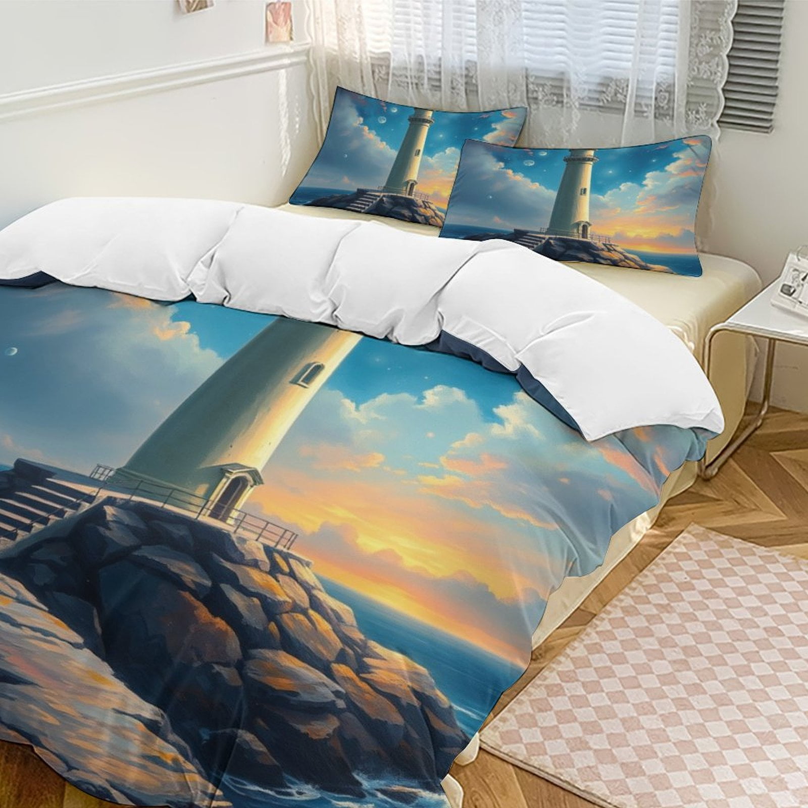 Bedding Set Lighthouse Celestial Sea Bat Duvet Cover Set Comforter Cover Ultra-Soft Polyester ...