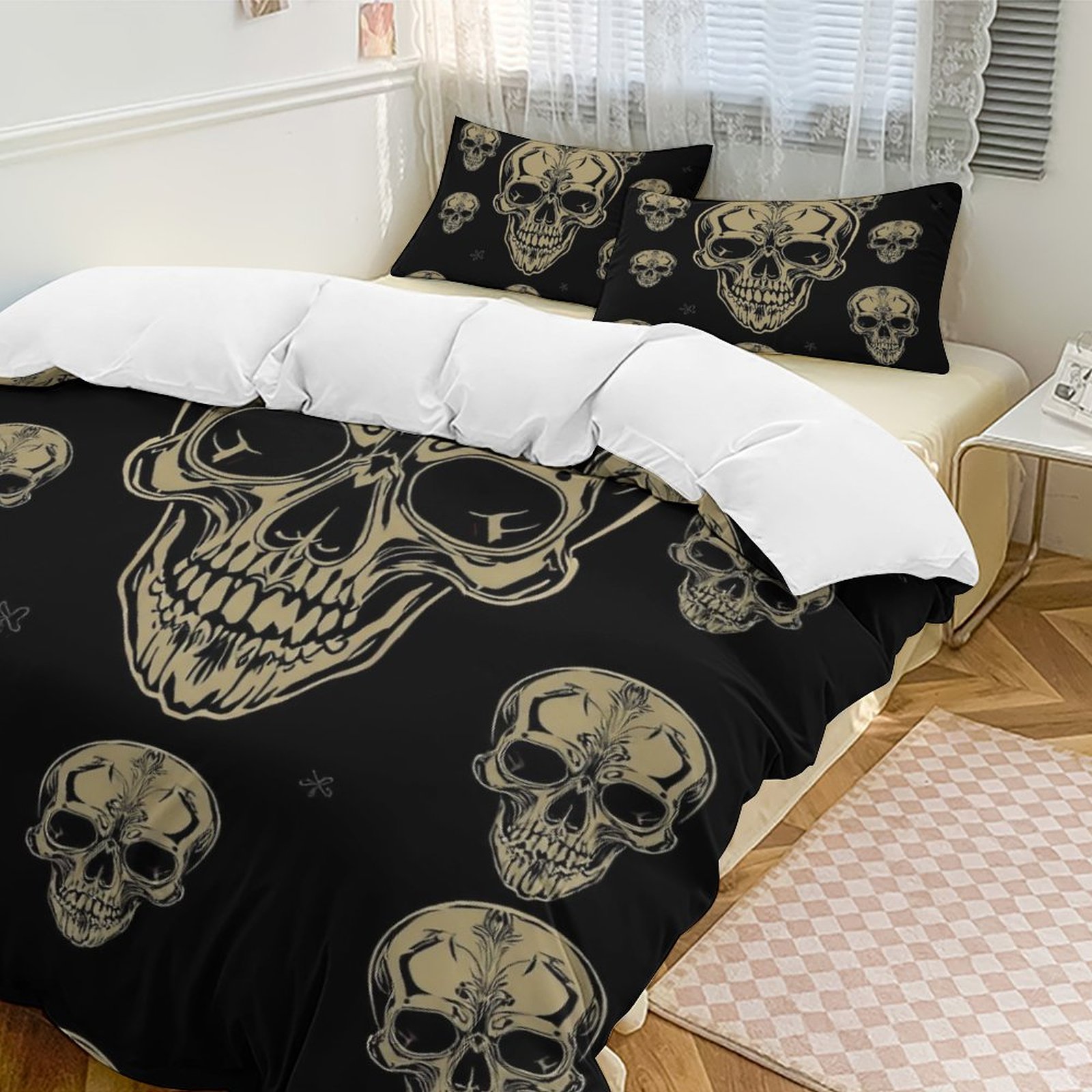 Bedding Set for Boys Women Men Modern Gold Skulls Black Background ...