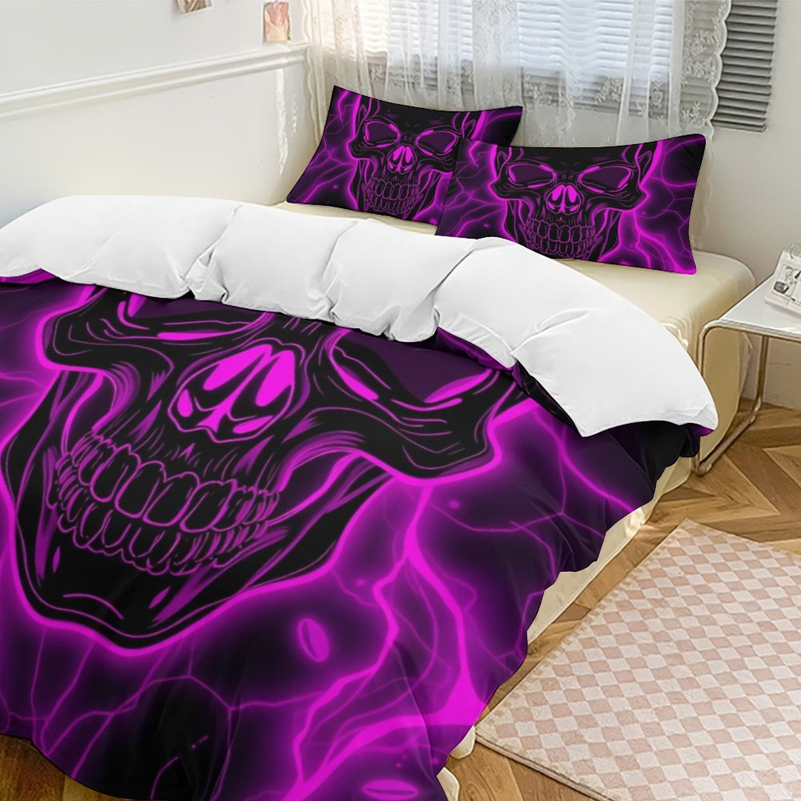 Bedding Set for Boys Women Men Modern Purple Neon Skull Art Glow ...