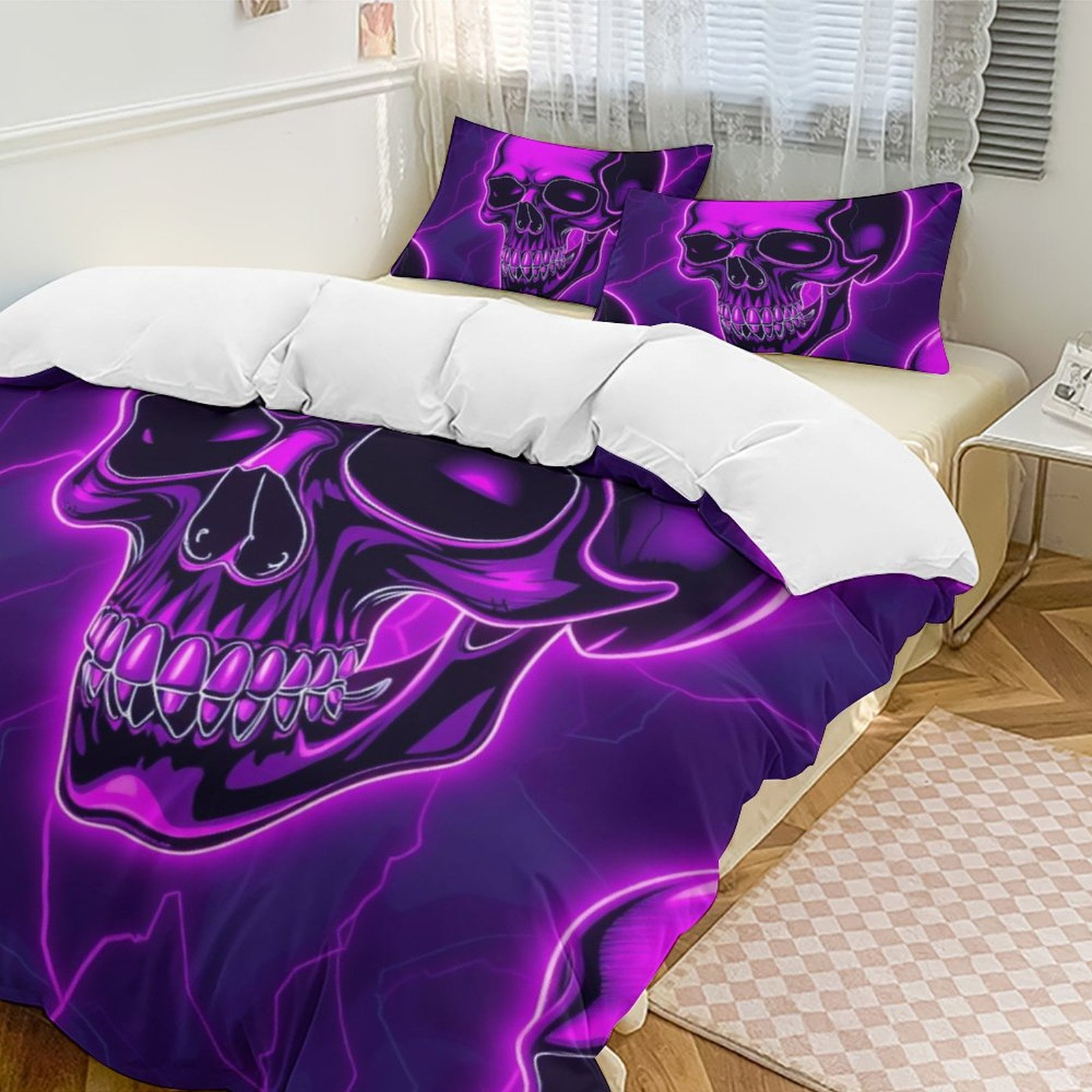 Bedding Set for Boys Women Men Modern Purple Neon Skull Pattern Art ...