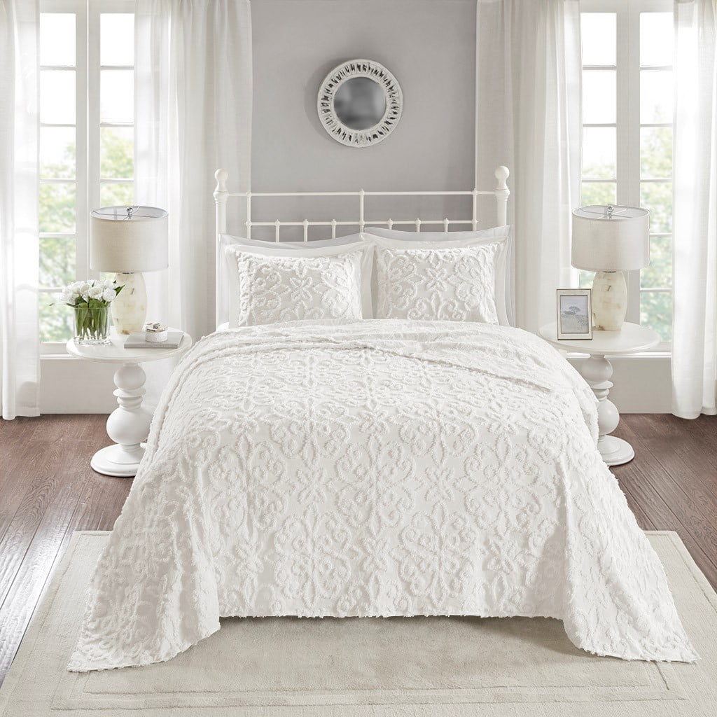 Bedding Sets 3 Piece Tufted Cotton Chenille Bedspread Set Off-White Full/Queen,Bed Sets ...