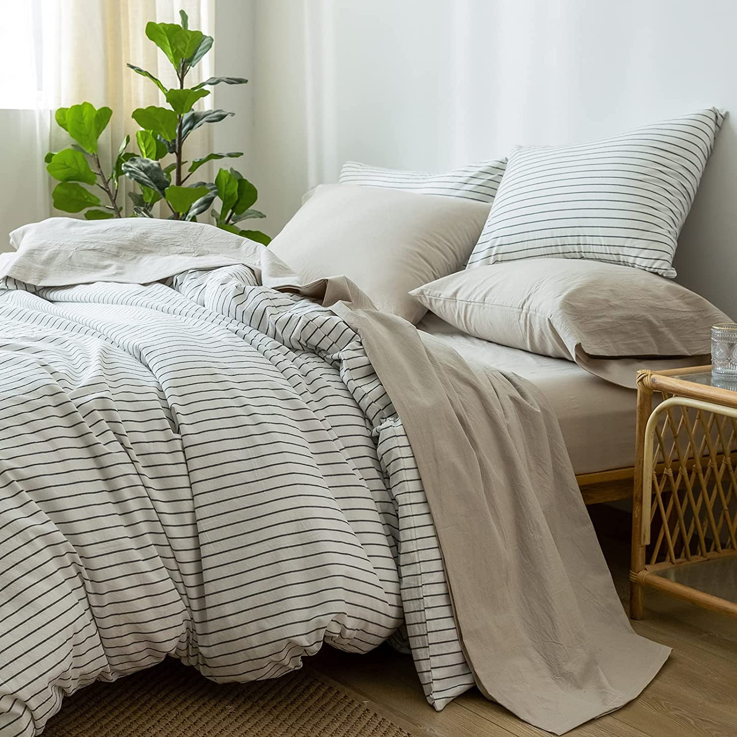 Bedding Sheet Set 100% Washed Cotton Linen Like Textured Breathable ...