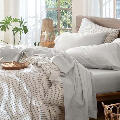 Bedding Sheet Set 100% Washed Cotton Linen Like Textured Breathable ...