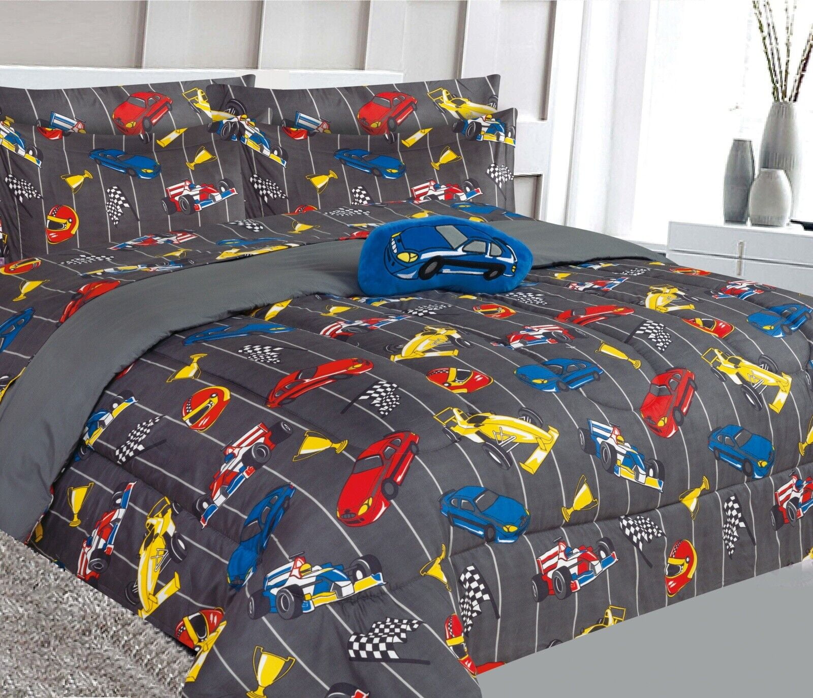 Bedding comforter in full size race cars grey design matching sheet set ...