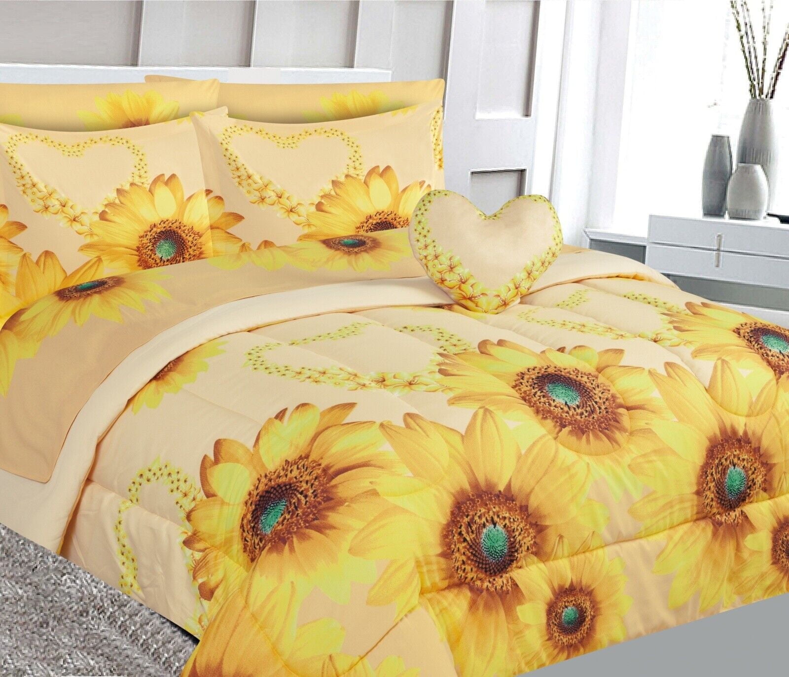 Bedding set full size 8pc sunflower ivory complete bed in bag comforter ...