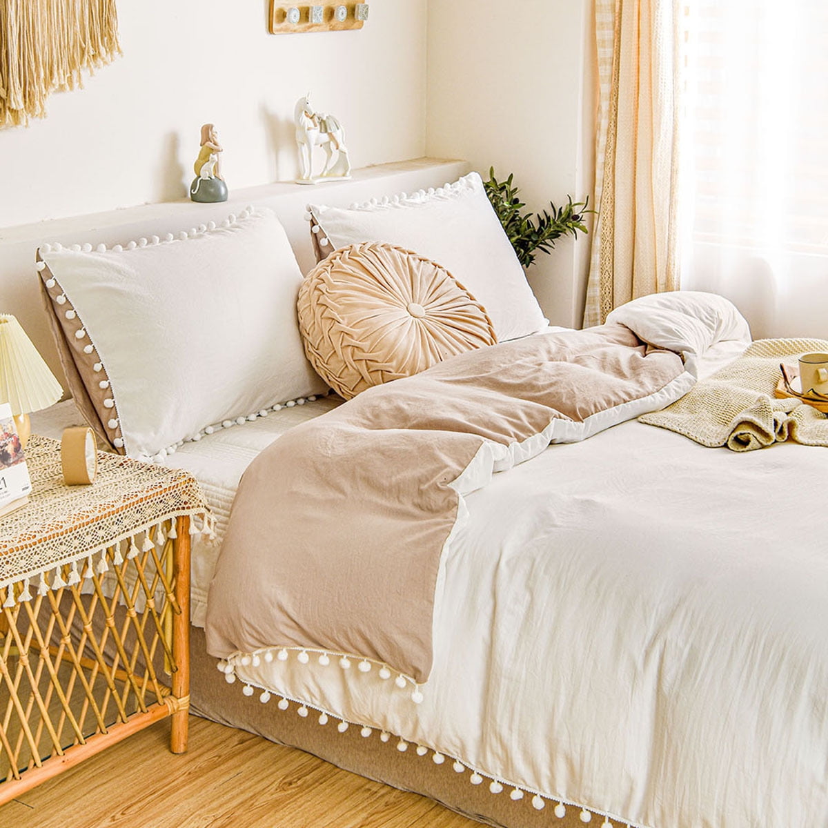 Bedding two-sided white and khaki Pom Pom Boho Chic Bedding Washed ...