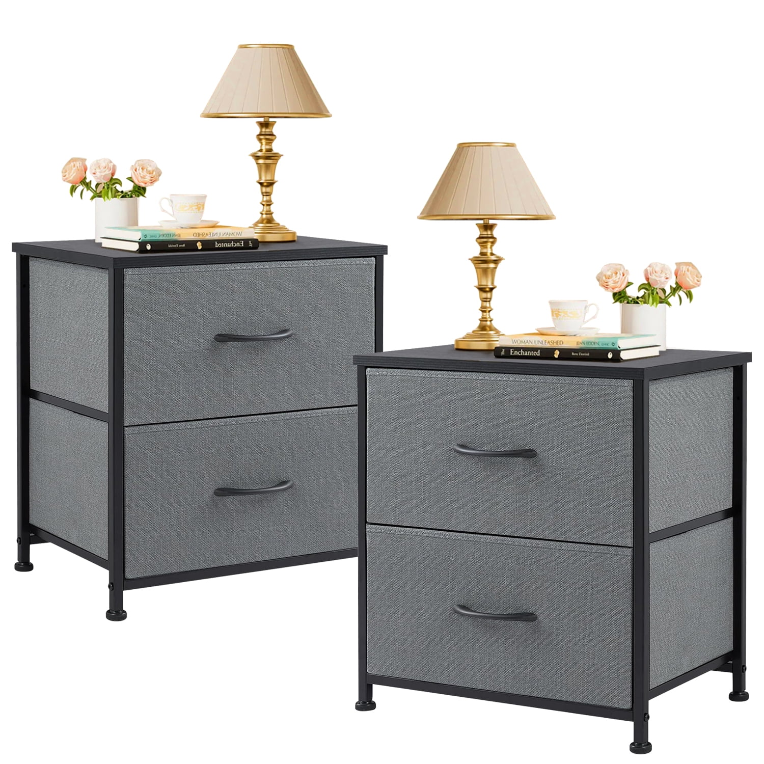 Beddle Nightstand Set of 2, End Table Side Table with 2 Fabric Drawers ...