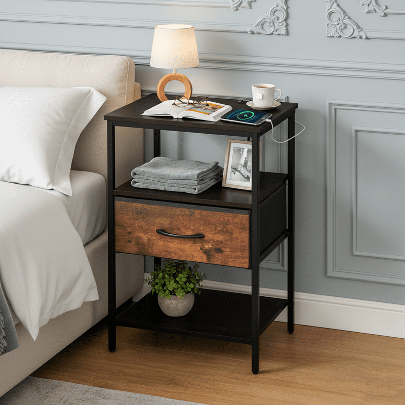 Beddle Nightstand with Charging Station, LED Bedside Table with 1 ...