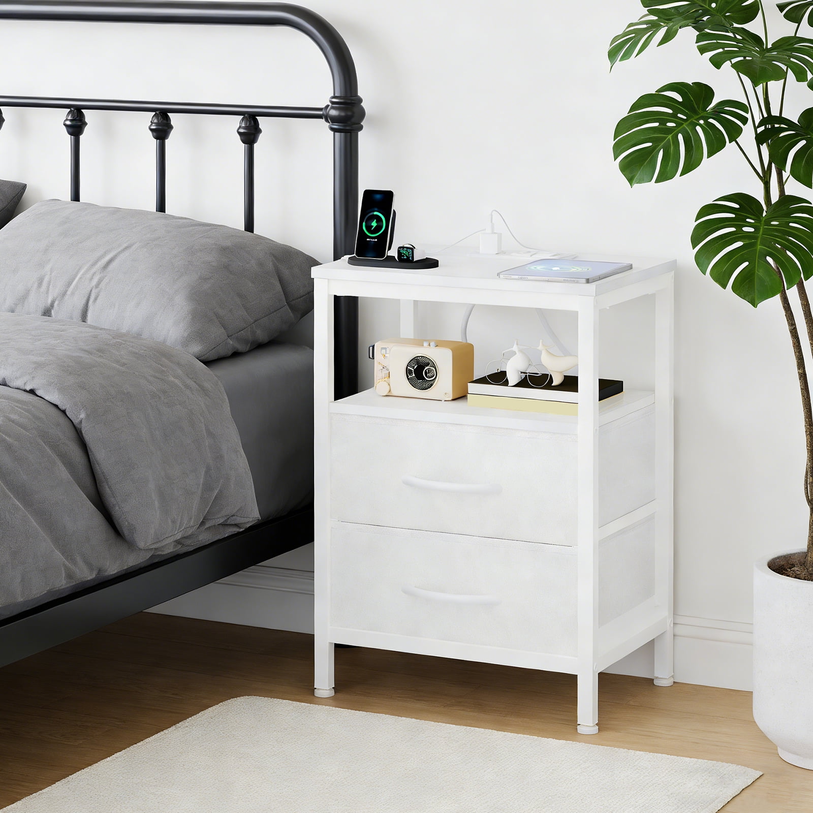 Beddle Nightstand with Charging Station, LED Bedside Table with 2 ...