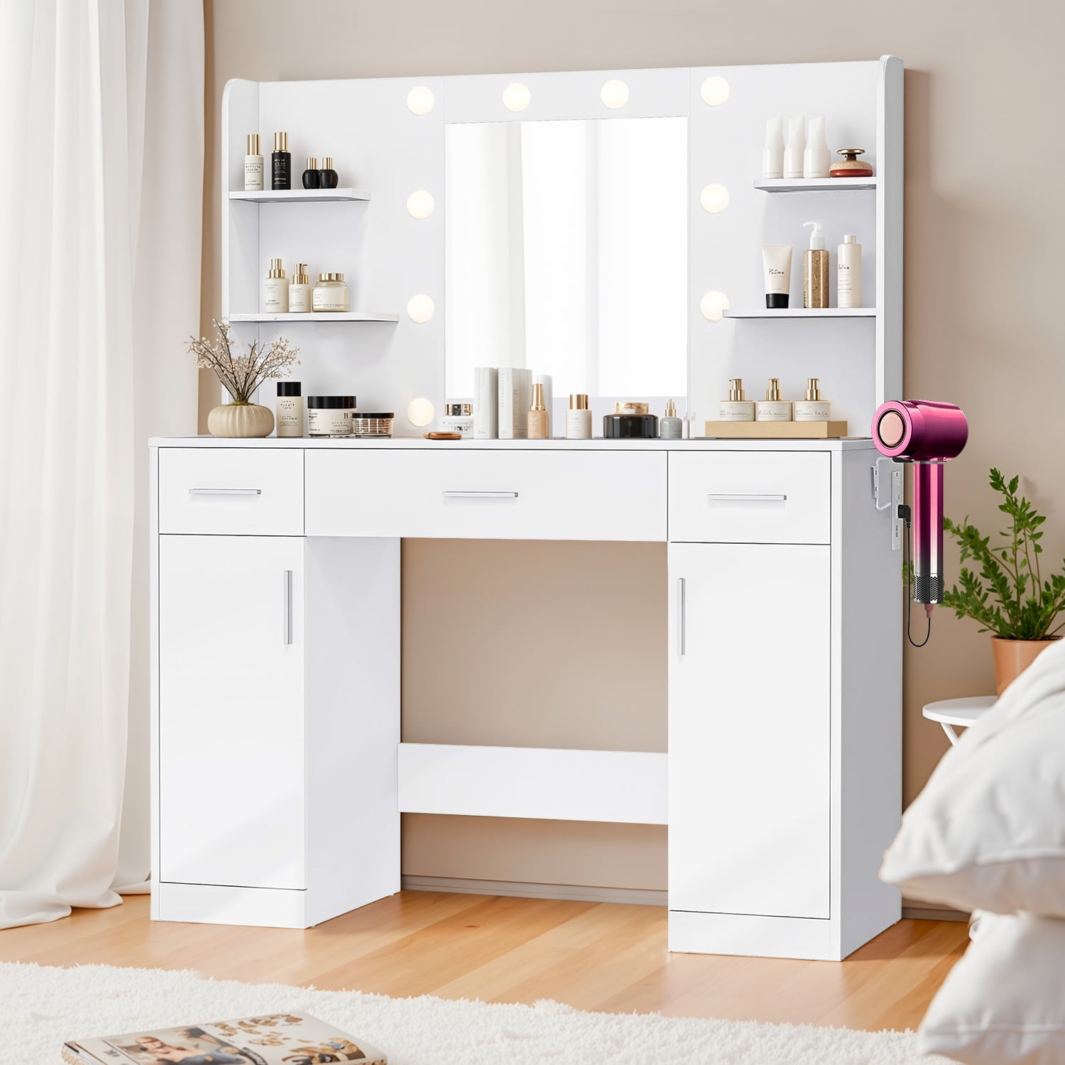 Beddle Vanity Desk with Mirror and Lights, Makeup Vanity Table for ...