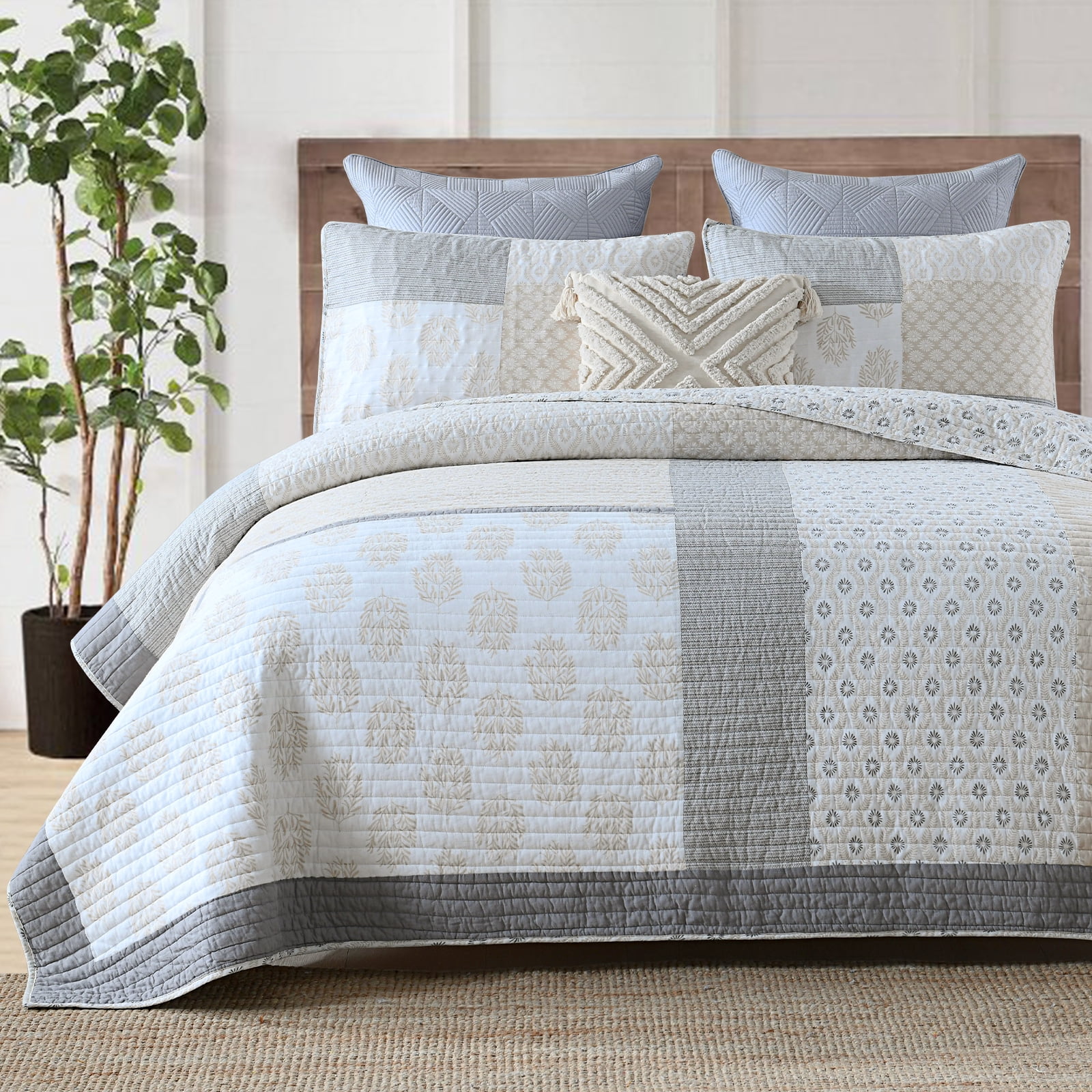 Bedduvit Beige Gray Queen Quilt - 100% Organic Cotton Floral Real ...