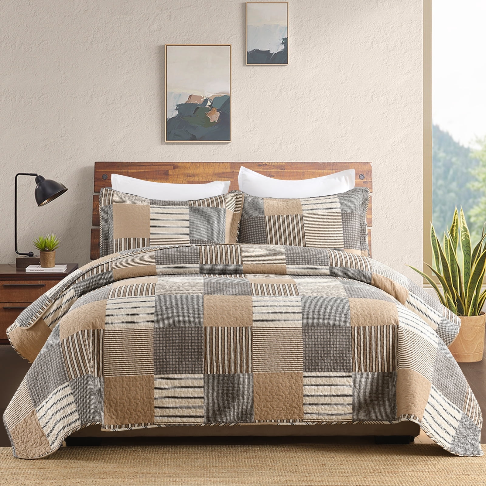 Bedduvit Brown Plaid King Size Quilt - 100% Cotton Brown Gray Beige ...