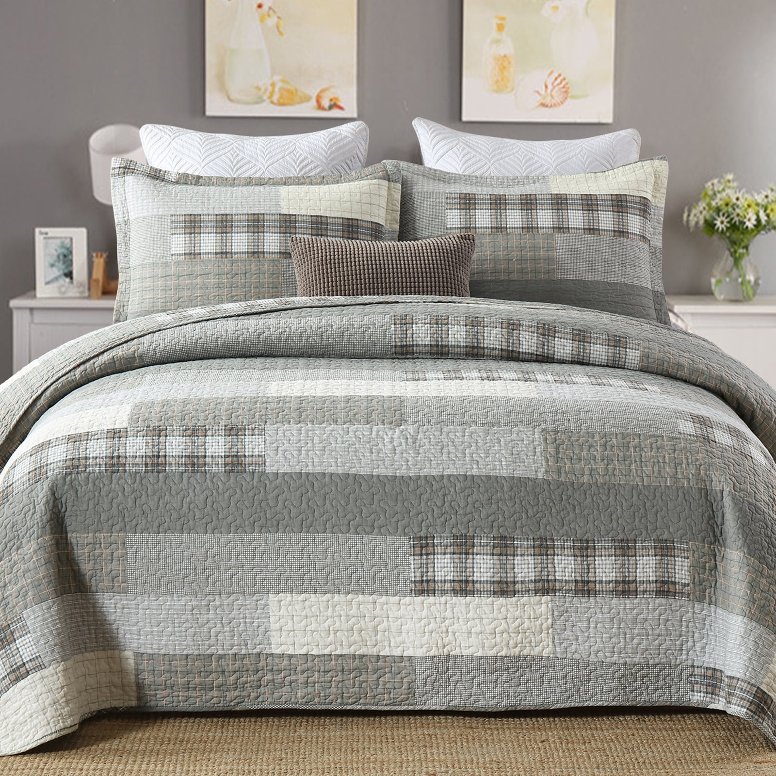 Bedduvit Farmhouse Gray King Quilt - 100% Cotton Grey Brown Patchwork ...