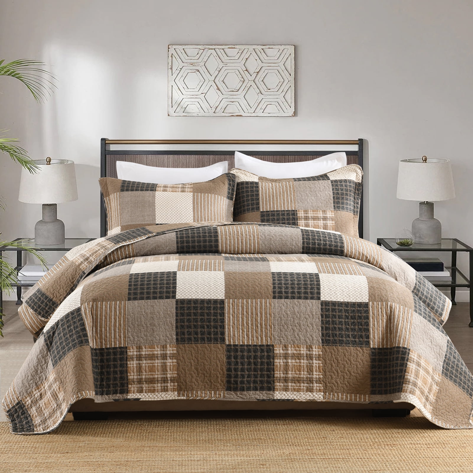 Bedduvit Farmhouse Plaid Queen Size Quilt - 100% Cotton Brown Gray ...