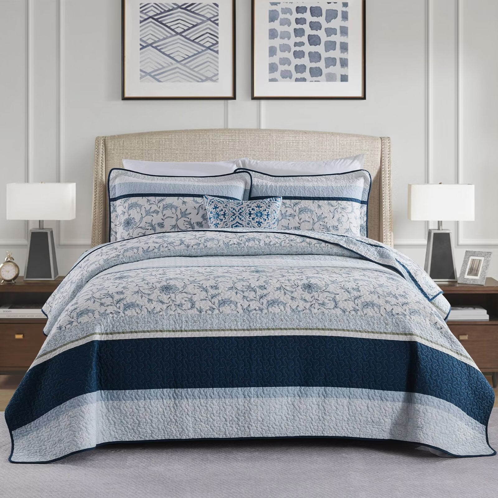 Bedduvit Floral Blue Queen Quilt - 100% Cotton Striped Patchwork Navy ...