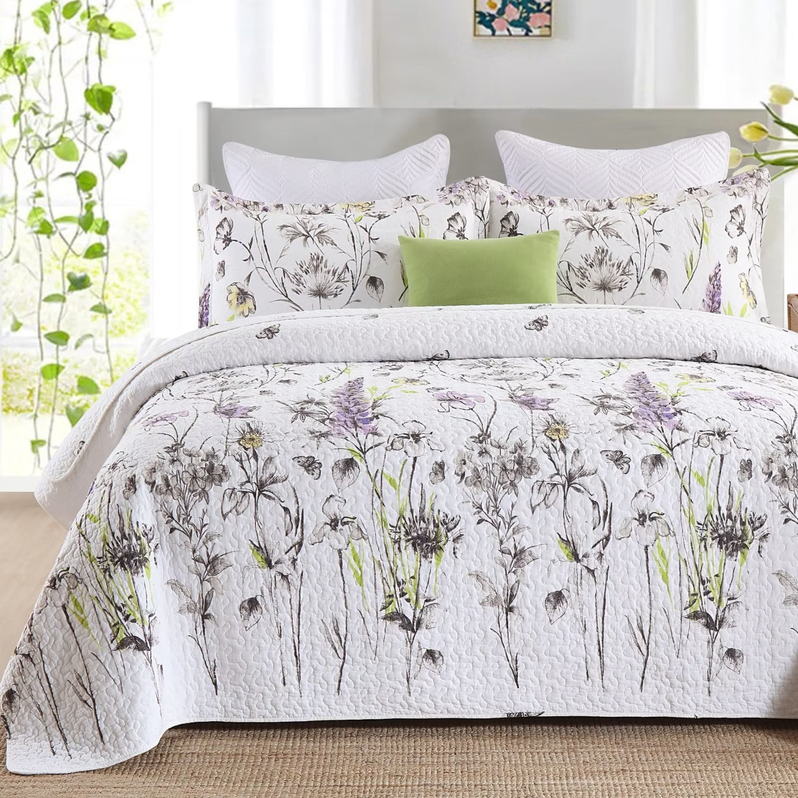 Bedduvit Floral Queen Size Quilt - 100% Cotton Purple White Flower ...