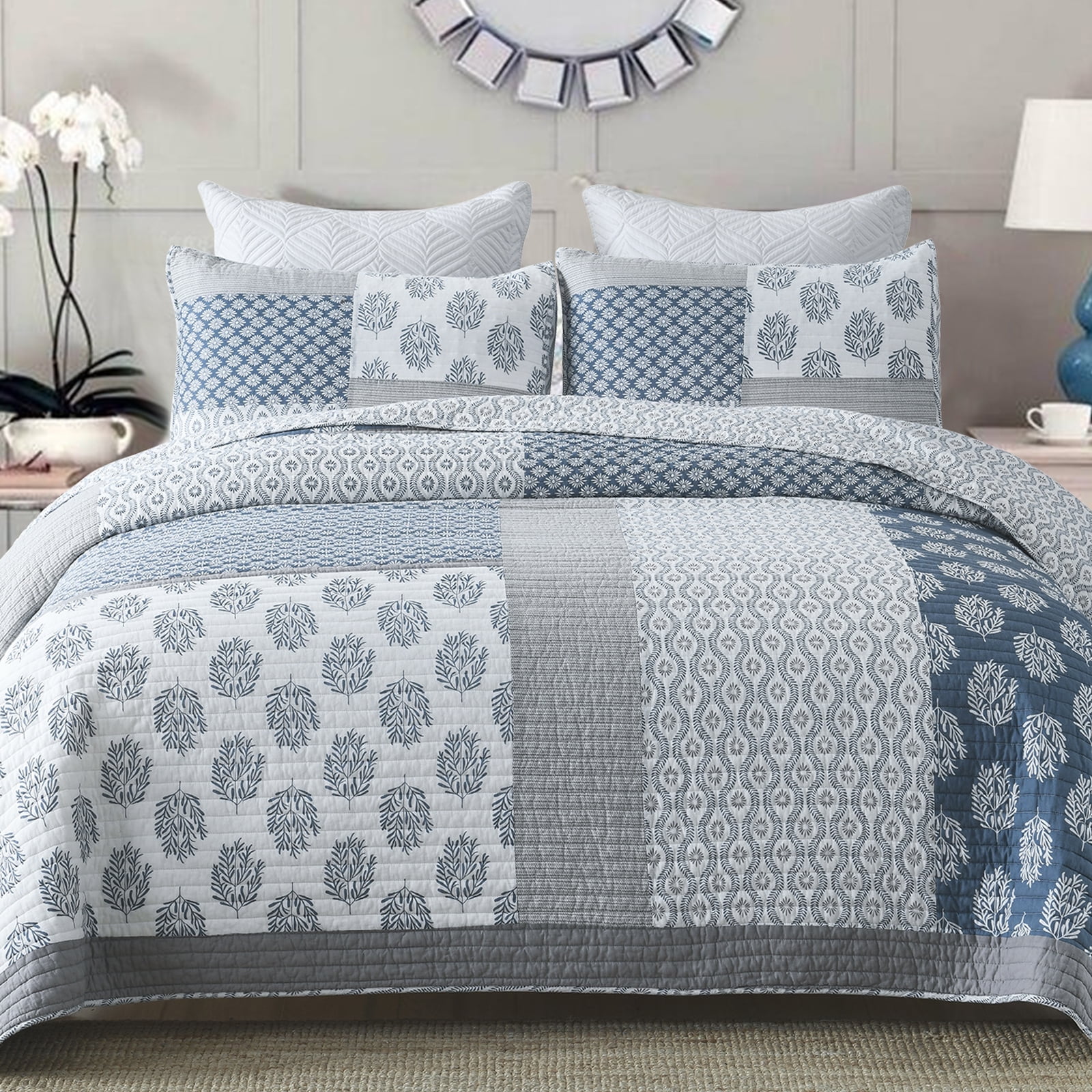 "Bedduvit King Quilt Set - 100% Cotton, Blue Gray Floral Patchwork ...