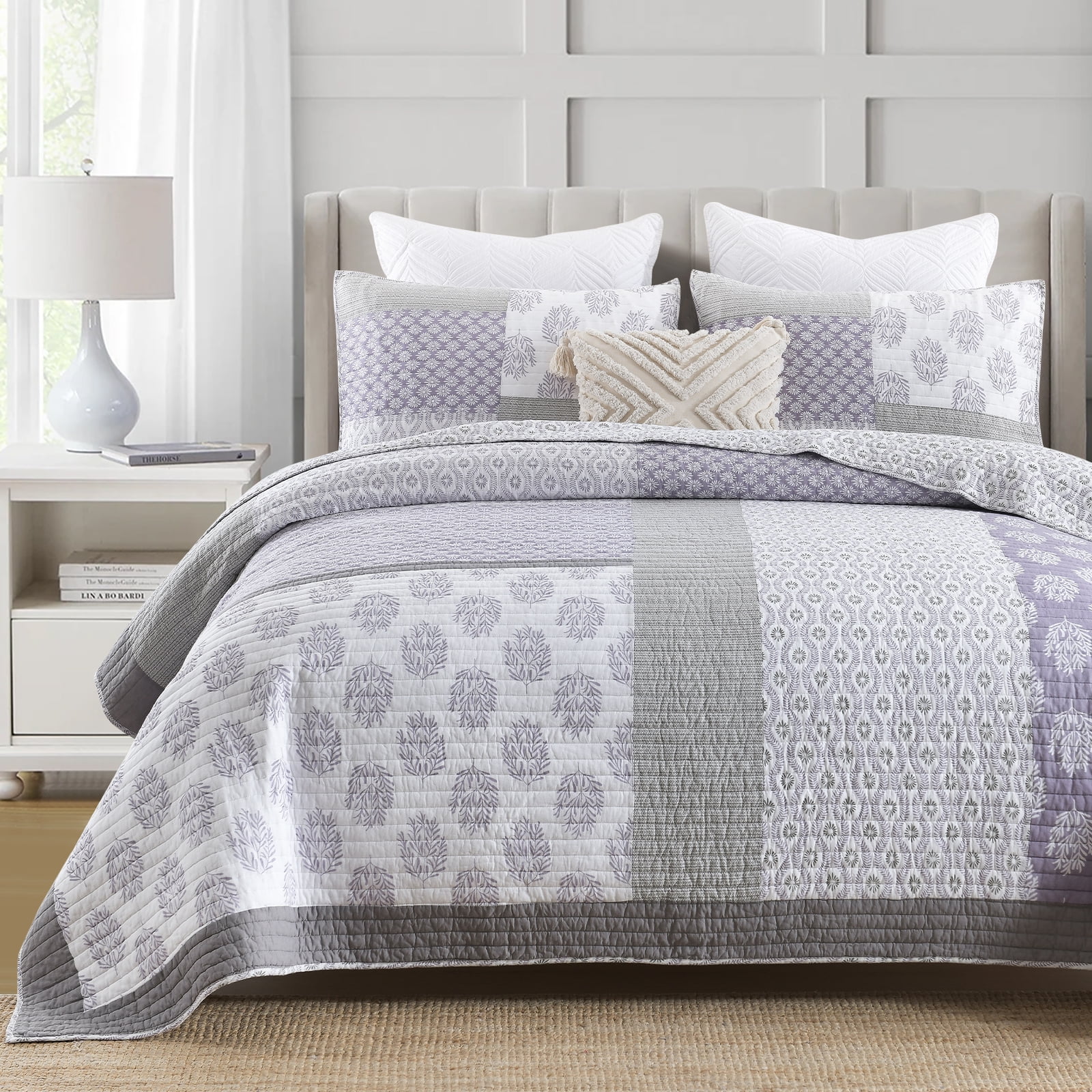 Bedduvit Purple Gray Queen Quilt - 100% Organic Cotton Floral Real ...