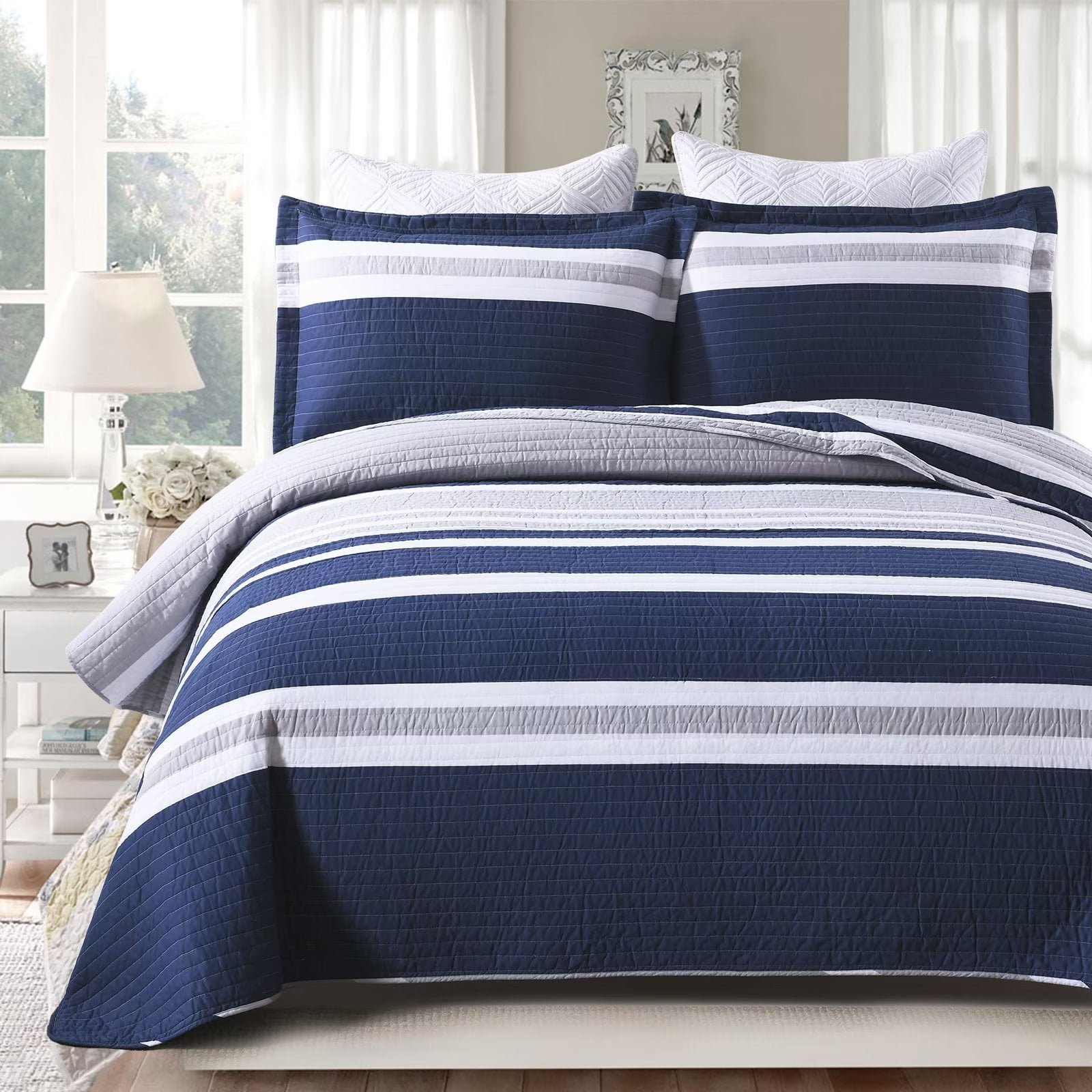 "Bedduvit Queen Size Quilt Set - 100% Cotton, Navy Blue, White & Gray ...